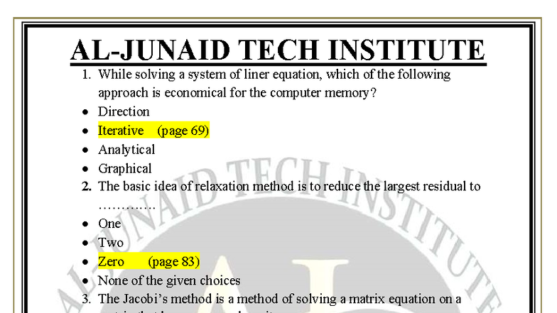MTH603 Midterm Solved MCQs on Linear Equations and Methods - Studocu