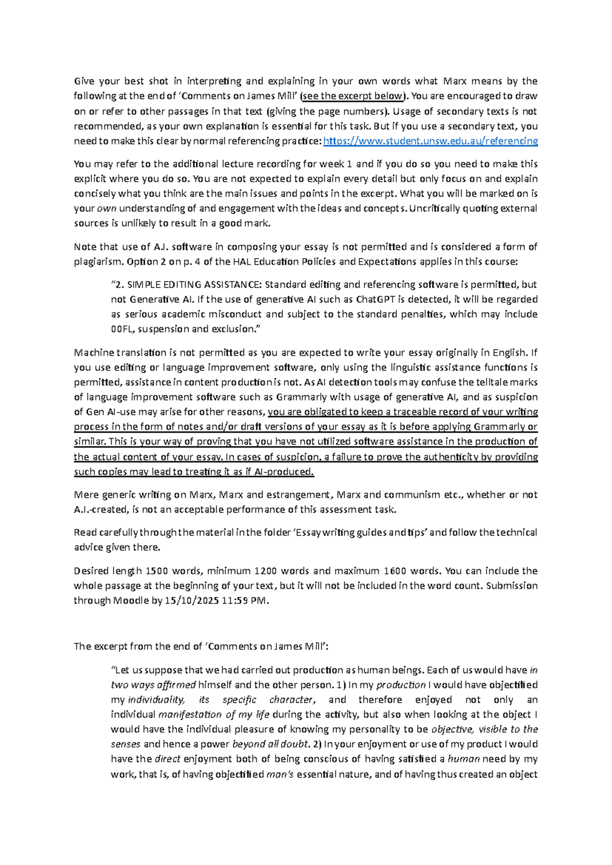 ENG 101: Short Essay Instructions on Marx's Interpretation - Studocu