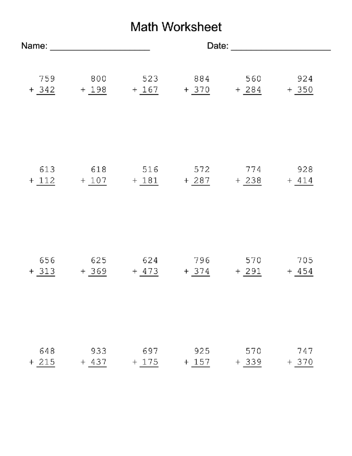 Worksheet - Math - Math Worksheet Name: Date: 759 800 523 884 560 924 ...