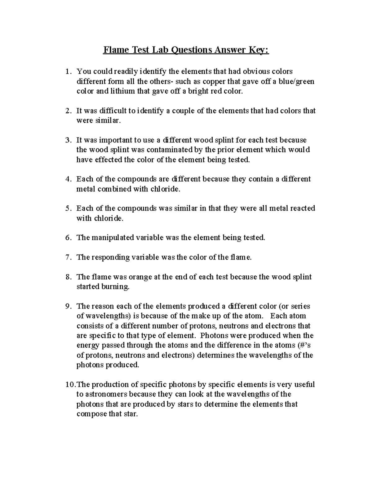 Flame Test Lab Questions (Answer Key) - Chem 101 - Studocu