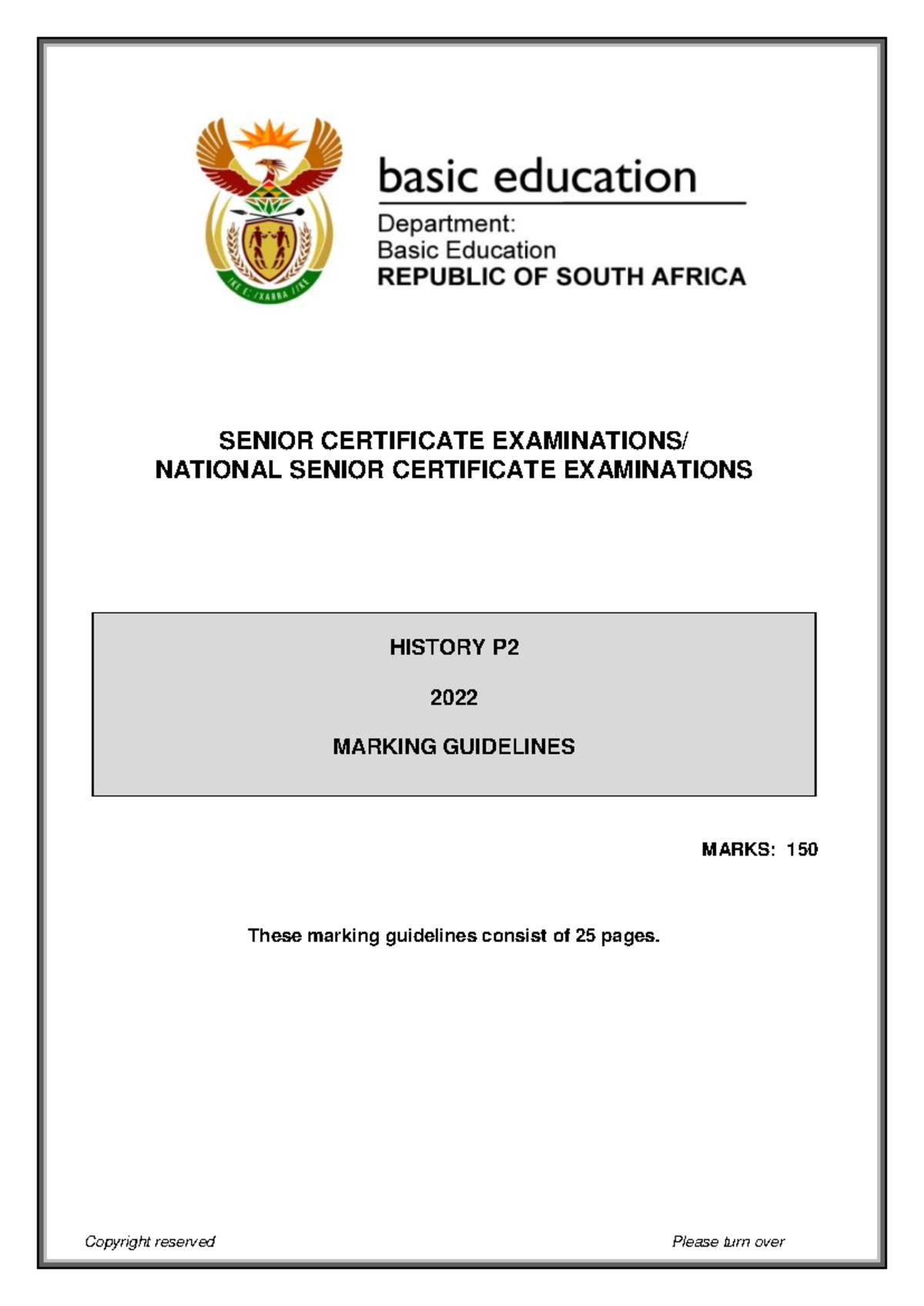 History P2 2022: Marking Guidelines for Senior Certificate Exam - Studocu