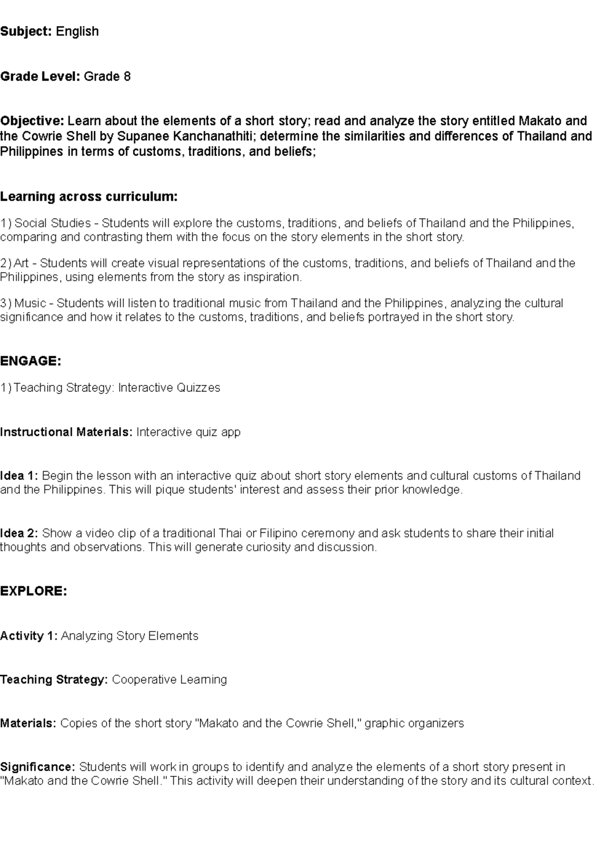 English Lesson Plan: Exploring Thai and Filipino Cultures Through Story ...