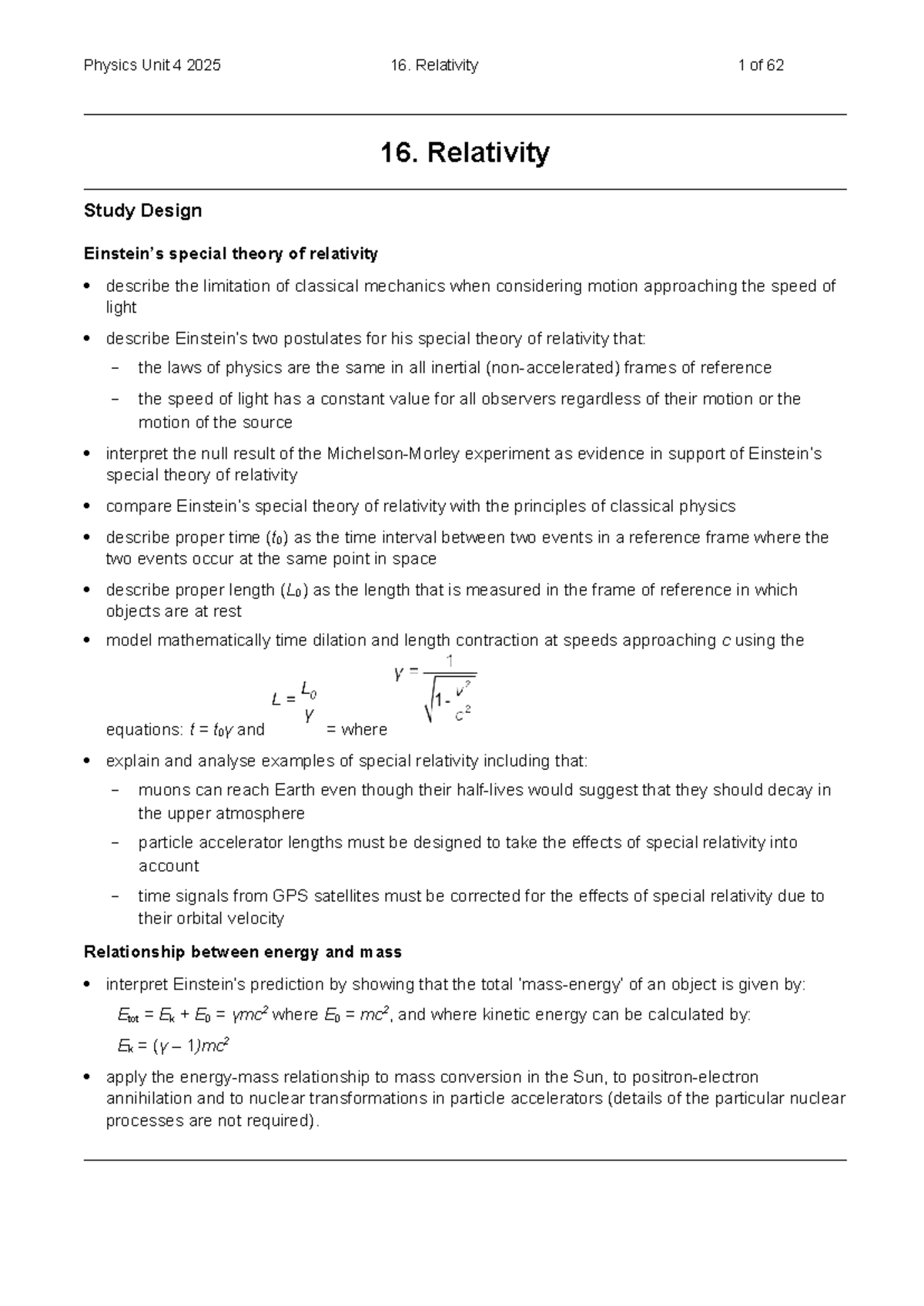 Physics Unit 4 2025: Study Notes on Relativity Concepts and ...