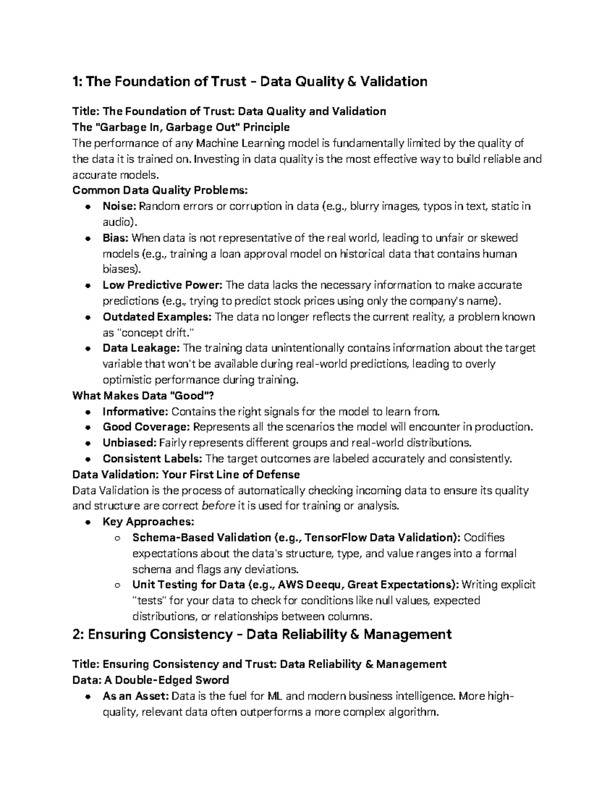 Sec 3 - Summary of Lectures: Data Quality, Reliability & Privacy Techniques - Studocu
