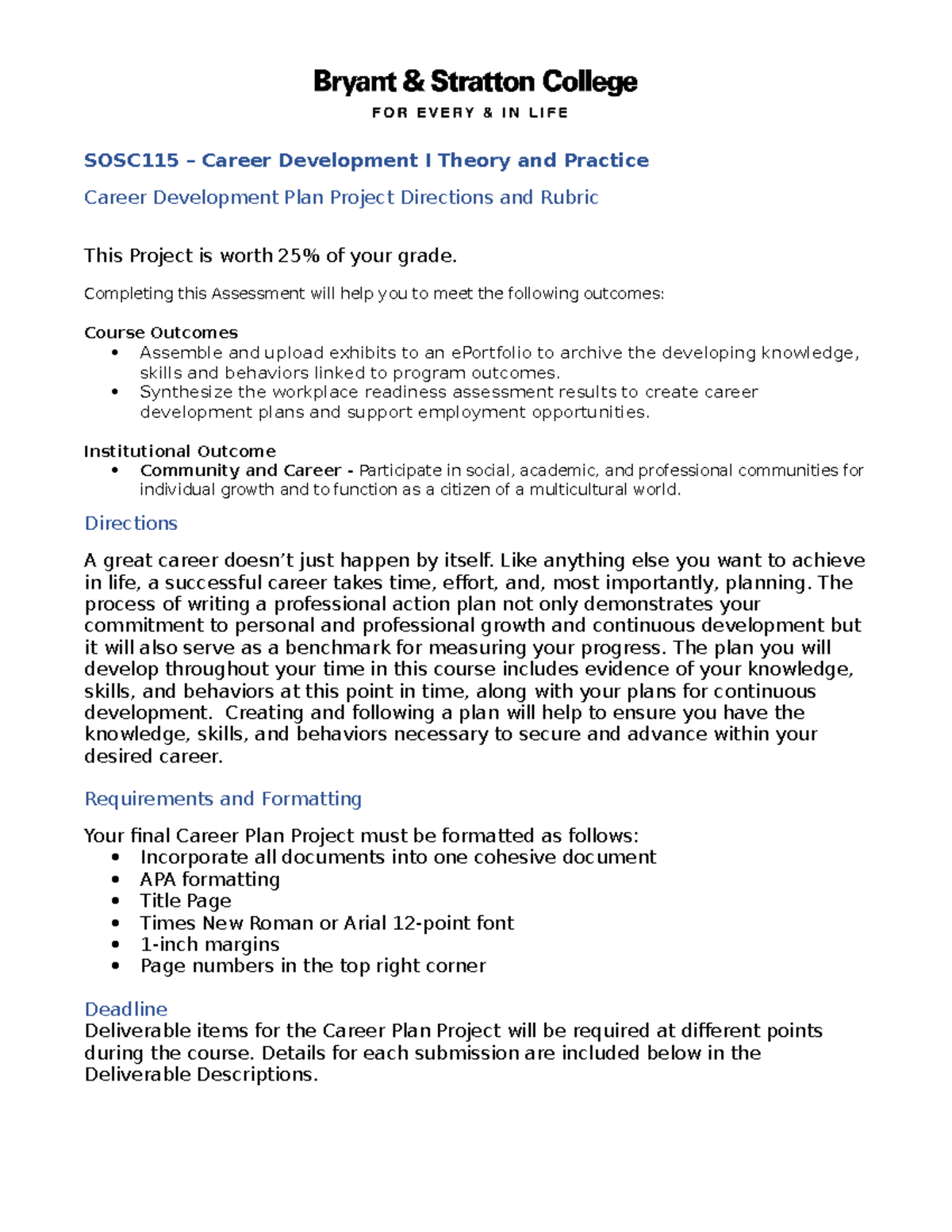 SOSC115 Career Plan Project Guidelines and Assessment Rubric - Studocu