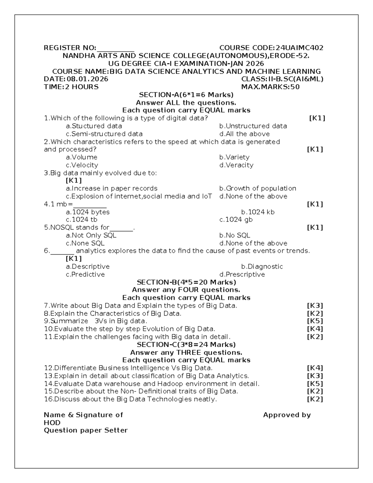 Big Data Science & Analytics Exam QP 24UAIMC402 - Jan 2026 - Studocu