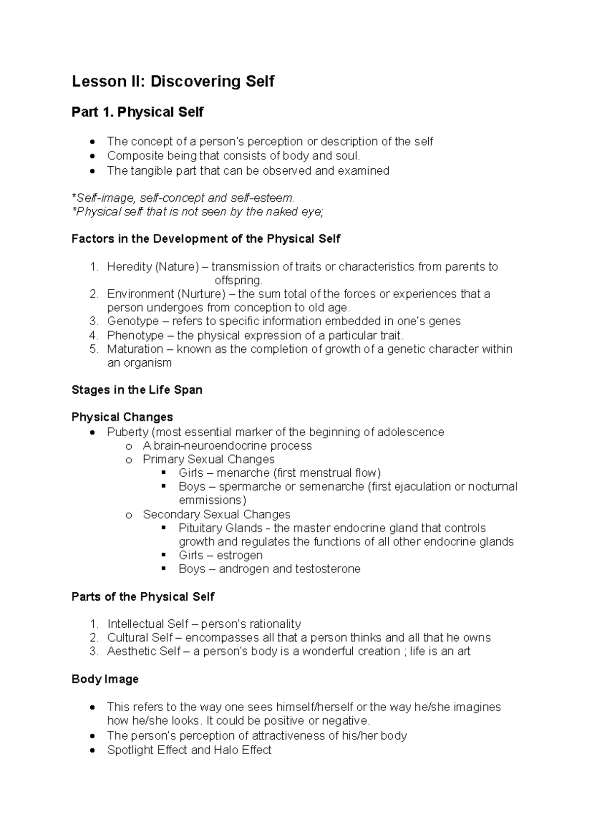 Lesson II: Discovering the Physical Self and Body Image - Studocu