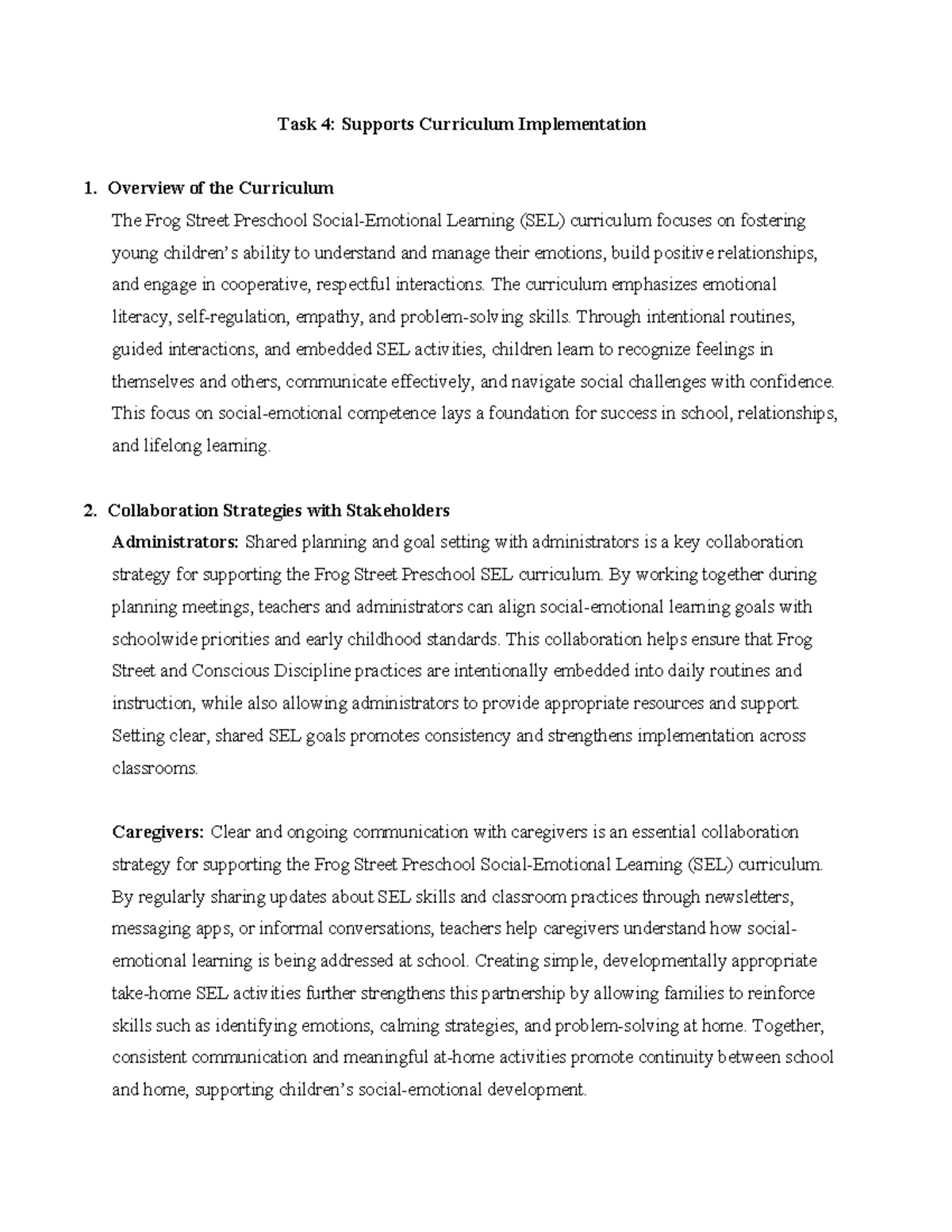 Task 4: SEL Curriculum Implementation Strategies and Overview - Studocu