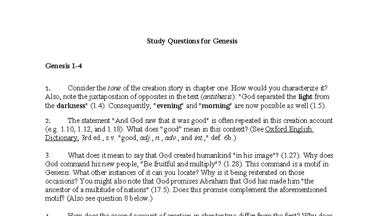 Study Questions for Genesis: Creation, Covenants, & Conflict - Studocu