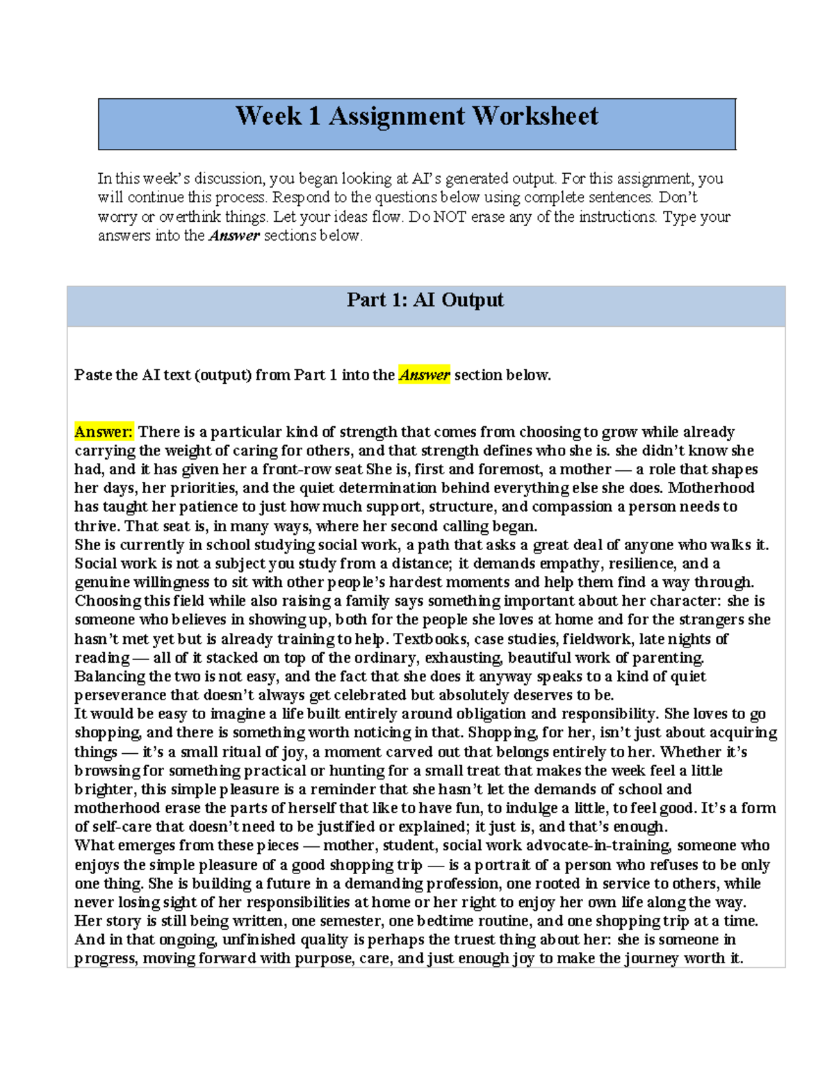 ENGL 1010 Week 1 Assignment: Exploring AI Output and Personal ...