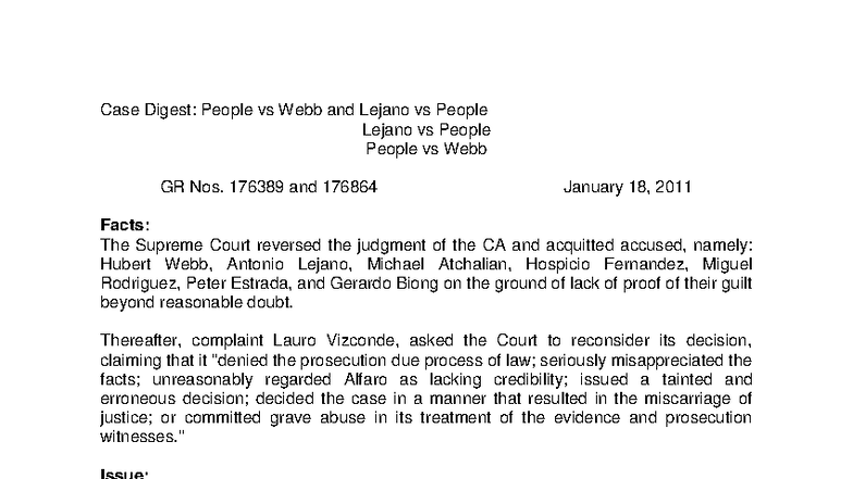 Case Digest: People vs. Webb & Lejano (G.R. Nos. 176389 & 176864) - Studocu