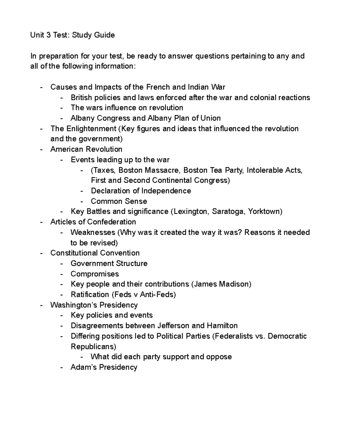 Unit 3 Test Study Guide: Key Causes & Events of the American Revolution ...