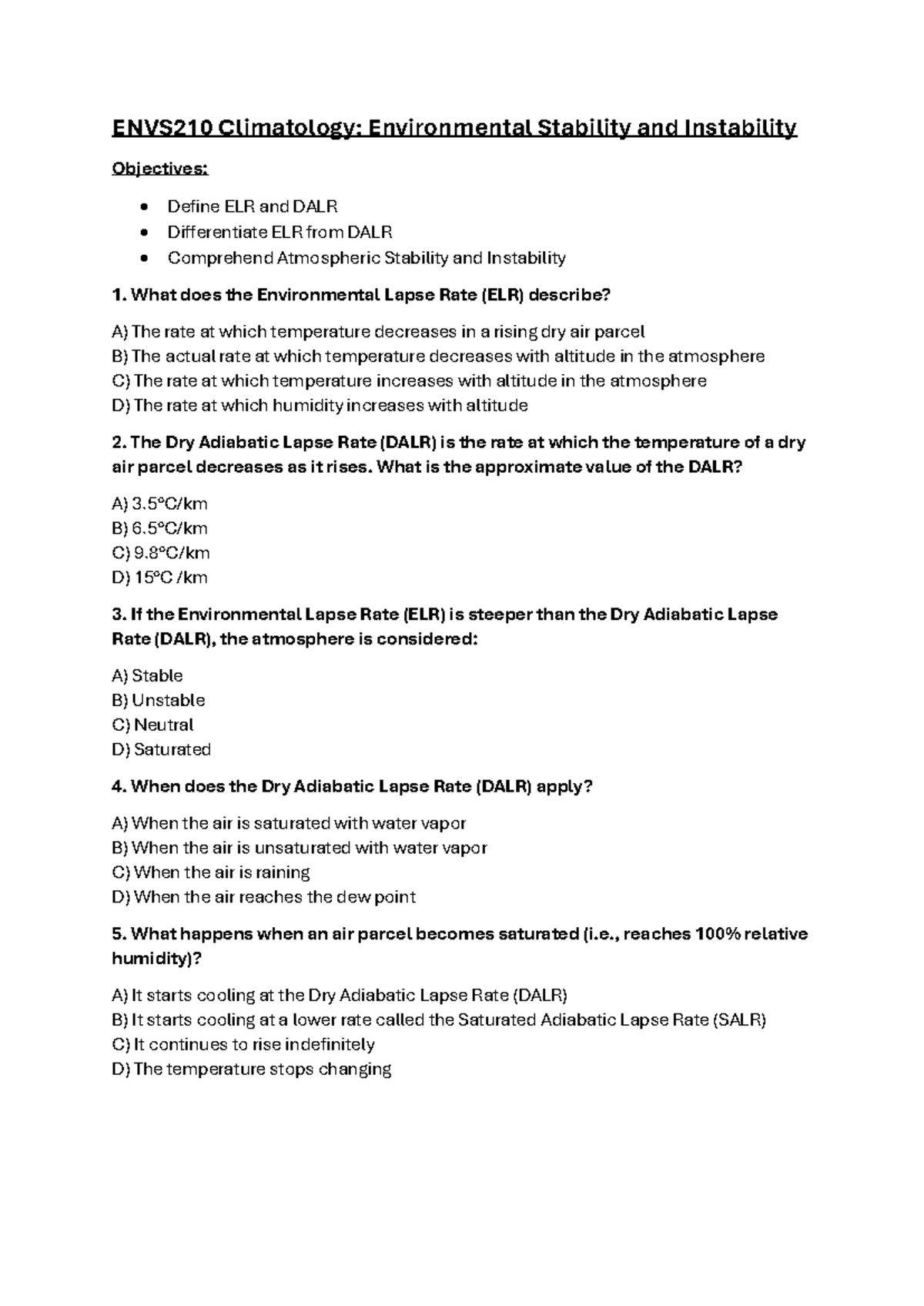 ENVS210 Climatology: ELR and DALR Concepts Explained - Studocu