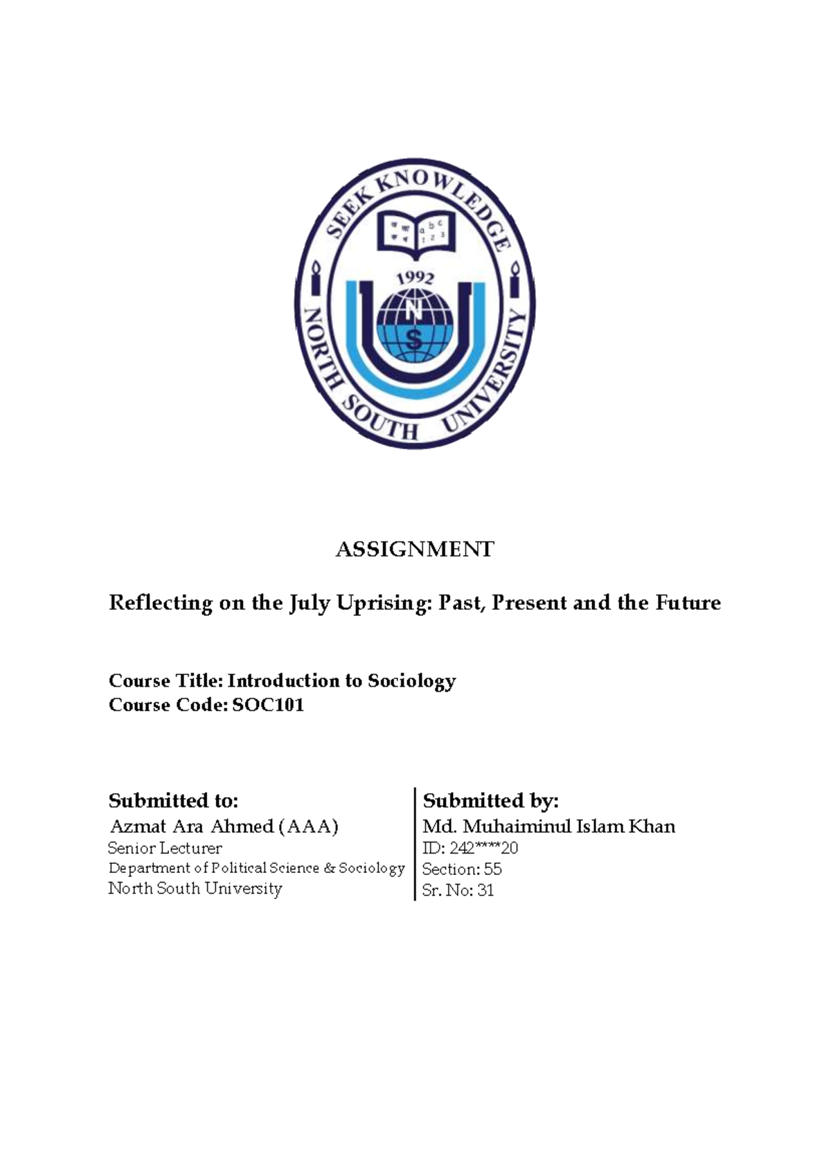 SOC101: Assignment on July Uprising | Azmat Ara Ahmed (AAA) | Summer ...