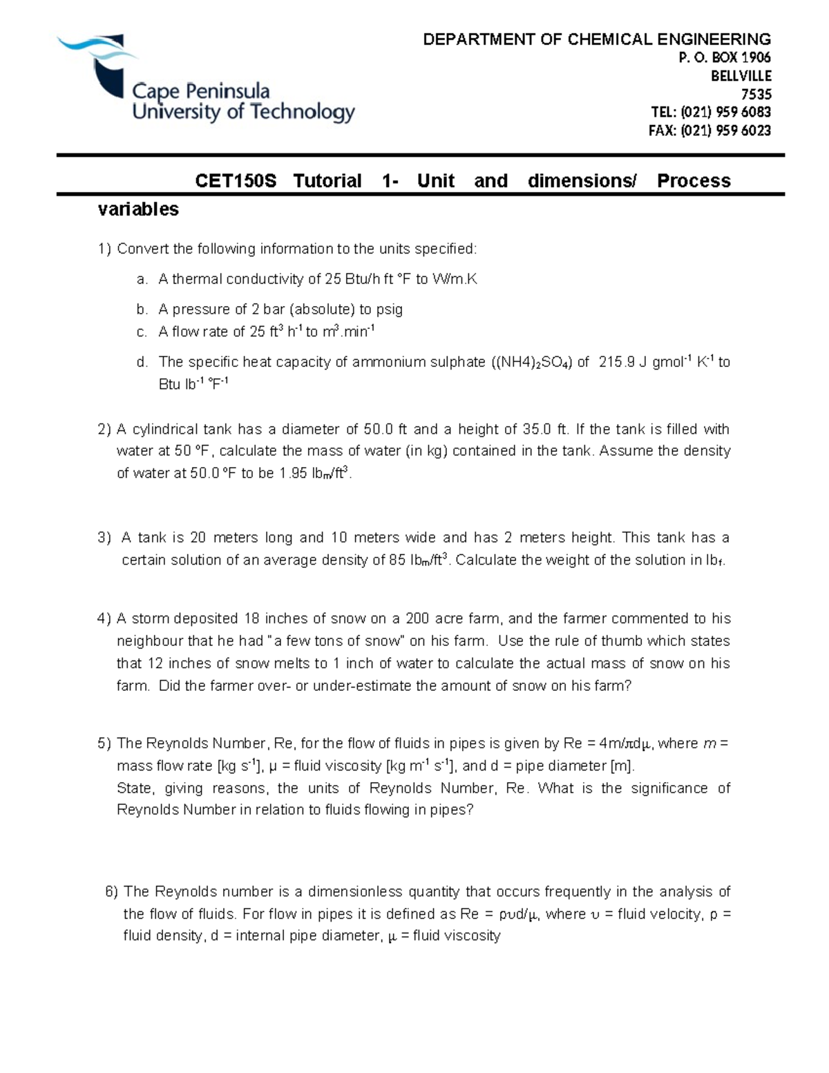 CET150S Tutorial 1: Process Variables and Fluid Mechanics Calculations ...