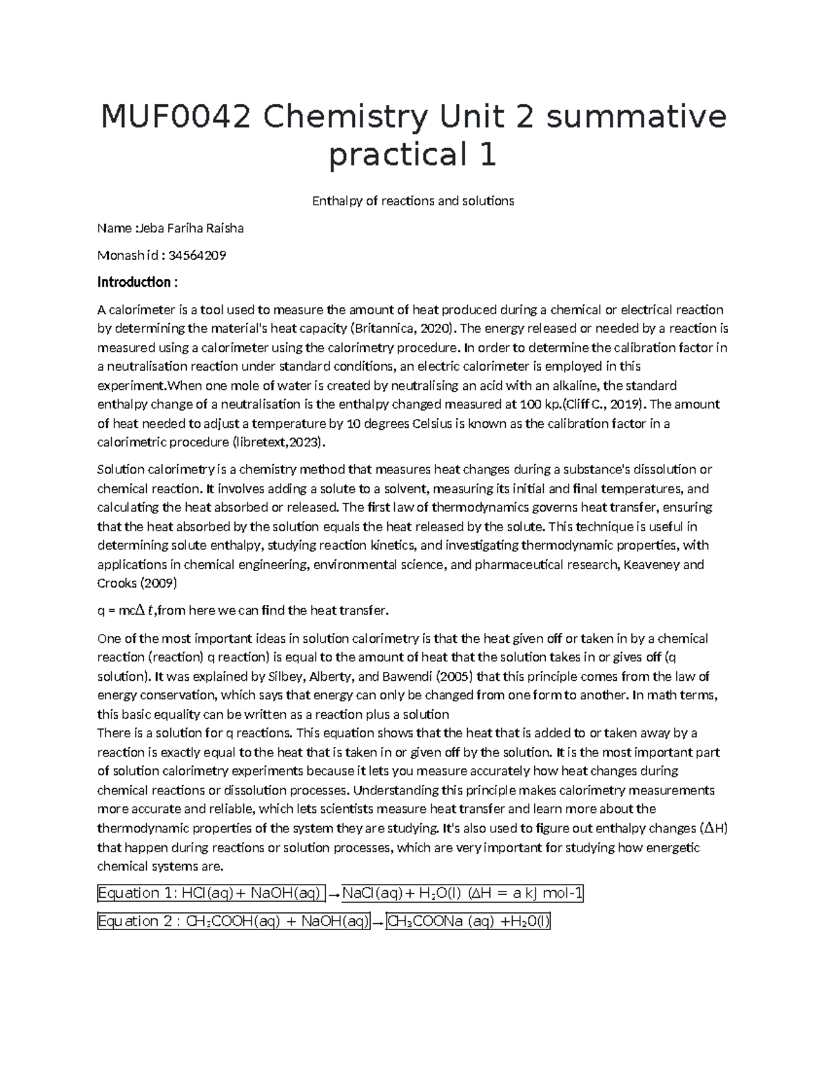 MUF0042 Chemistry Unit 2 Summative: Enthalpy of Reactions & Solutions ...