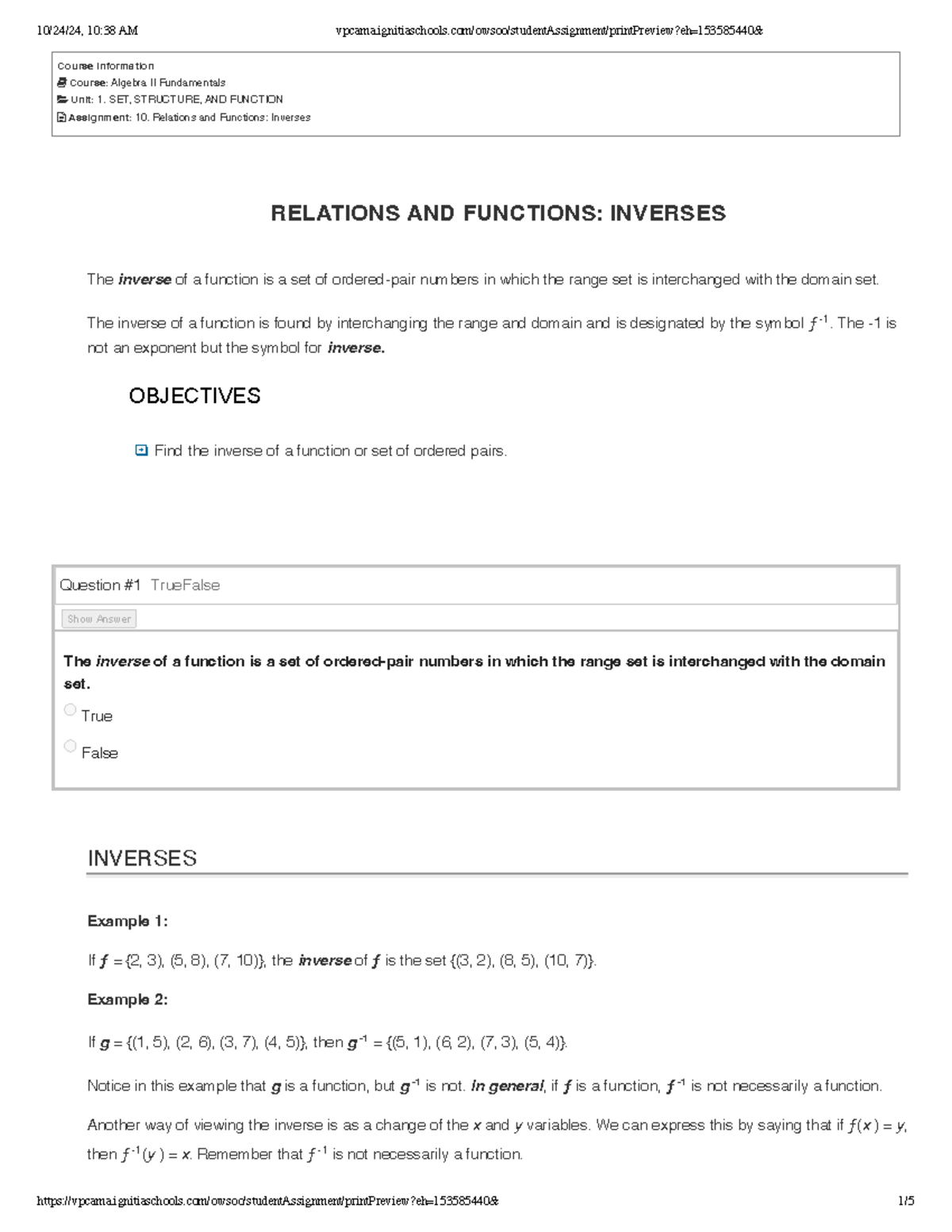 Algebra II Fundamentals: Relations and Functions - Inverses Assignment ...