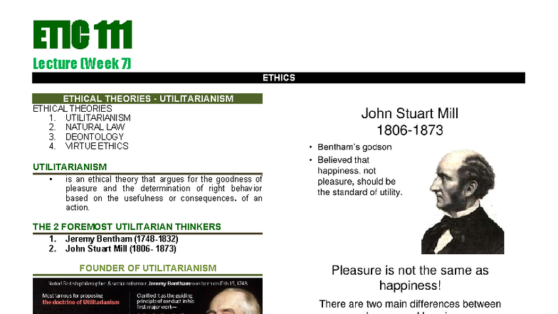 ETIC 111 Week 7 - Lecture Notes on Utilitarianism and Ethics - Studocu
