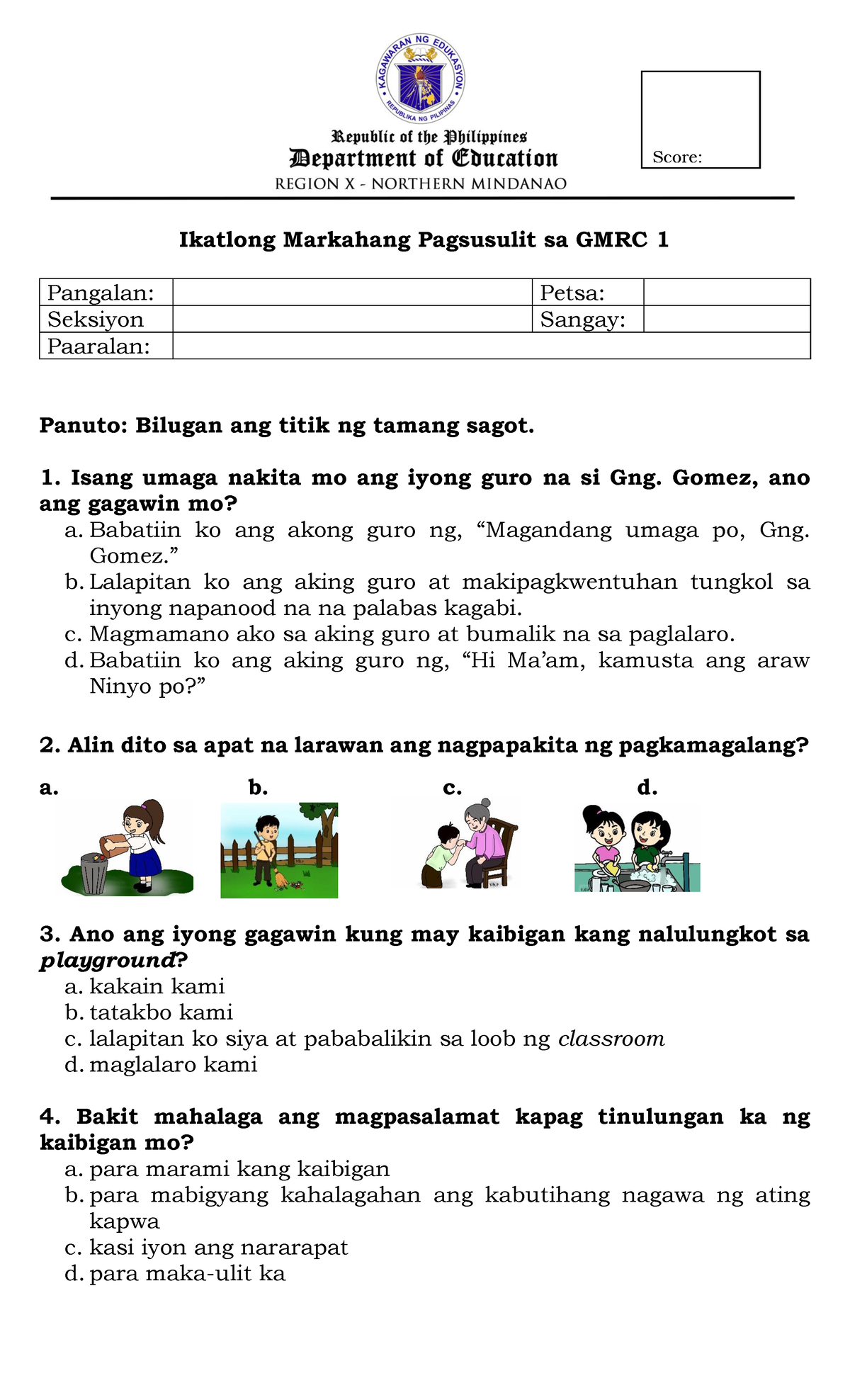GMRC 1 - 3rd Q RUQA Final Validated - Ikatlong Markahang Pagsusulit sa ...