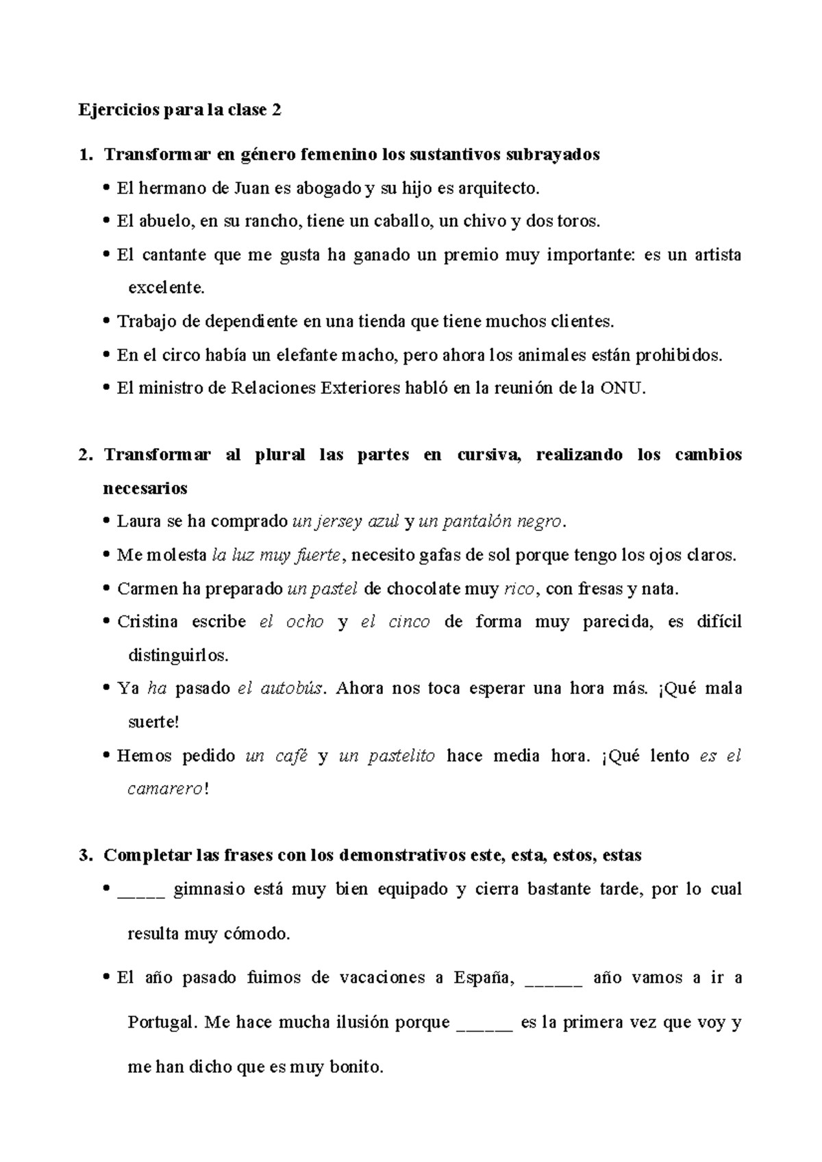 Ejercicios de Práctica para la Clase 2 - Español - Studocu