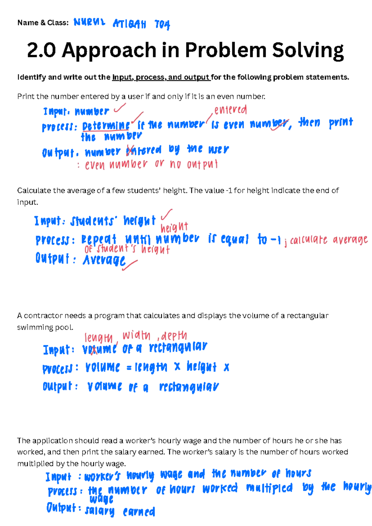 2.0 Problem Solving Approaches: Input, Process, Output Examples - Studocu