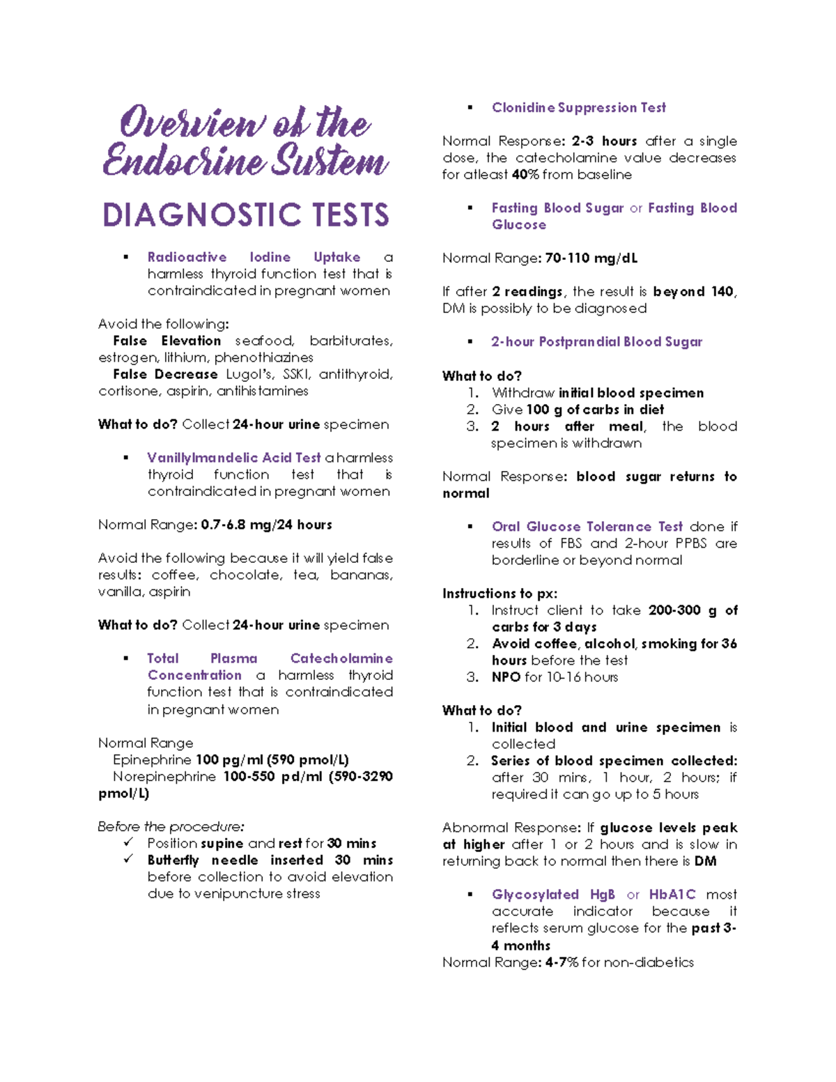 Endocrine System Diagnostic Tests Overview - Udan's Notes - Studocu