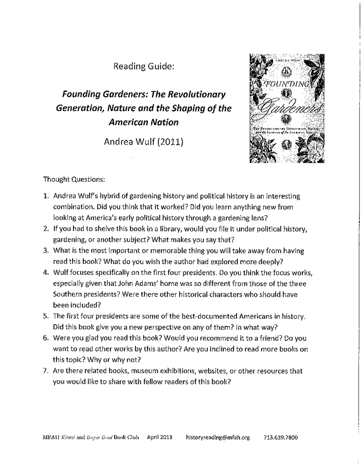 MFAH Book Club Reading Guide: Founding Gardeners Insights - Studocu