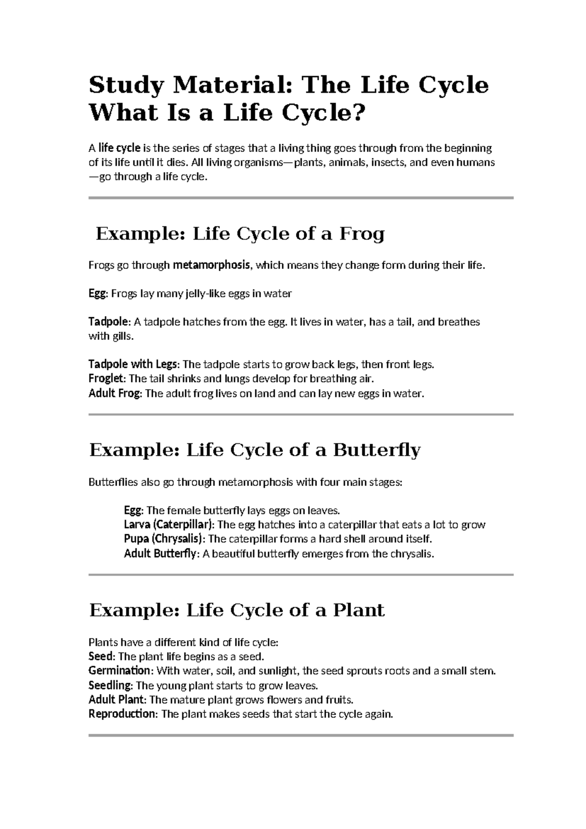 Life Cycle Study Material: Stages of Frogs, Butterflies, and Plants ...
