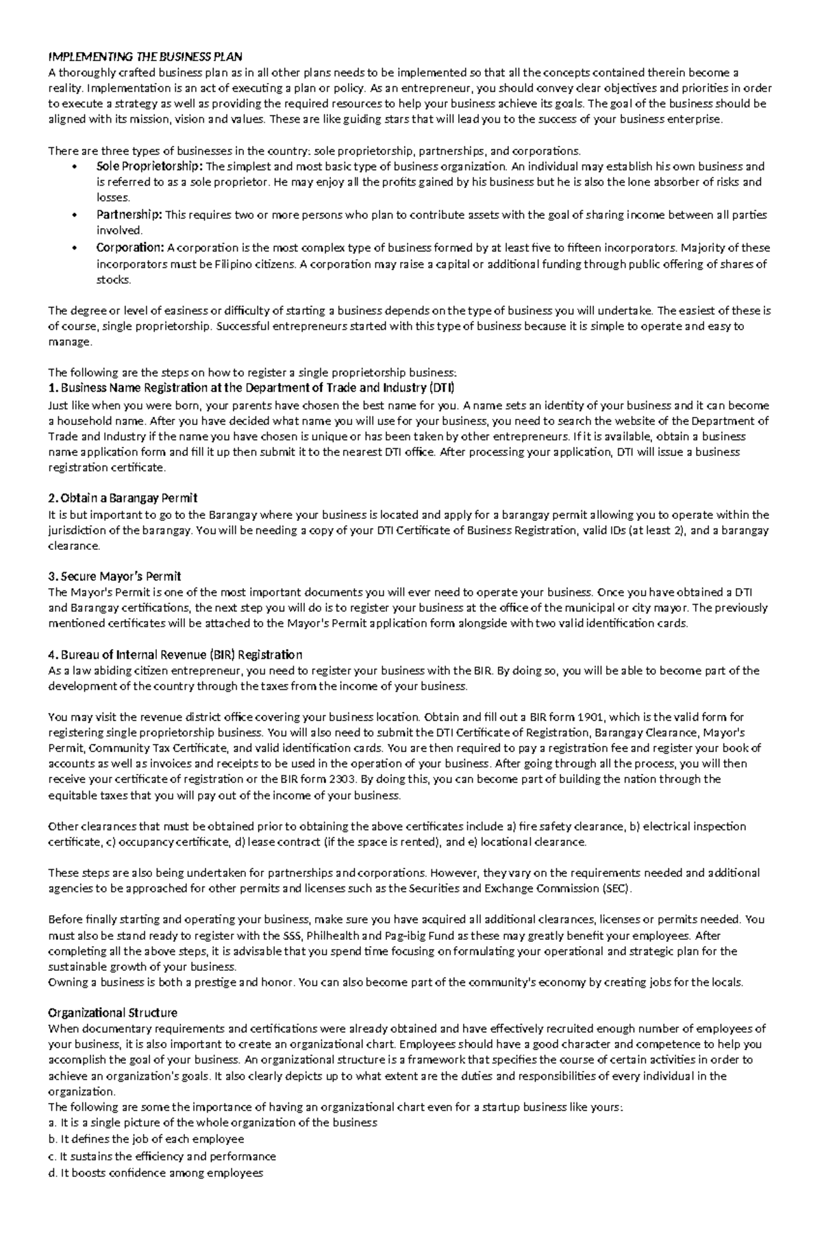 Implementing the Business Plan: Key Steps for Entrepreneurs - Studocu