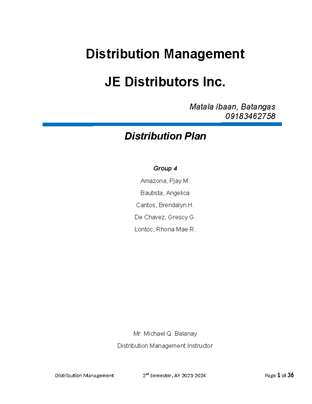Distribution Plan Template for JE Distributors Inc. (2023-2024) - Studocu