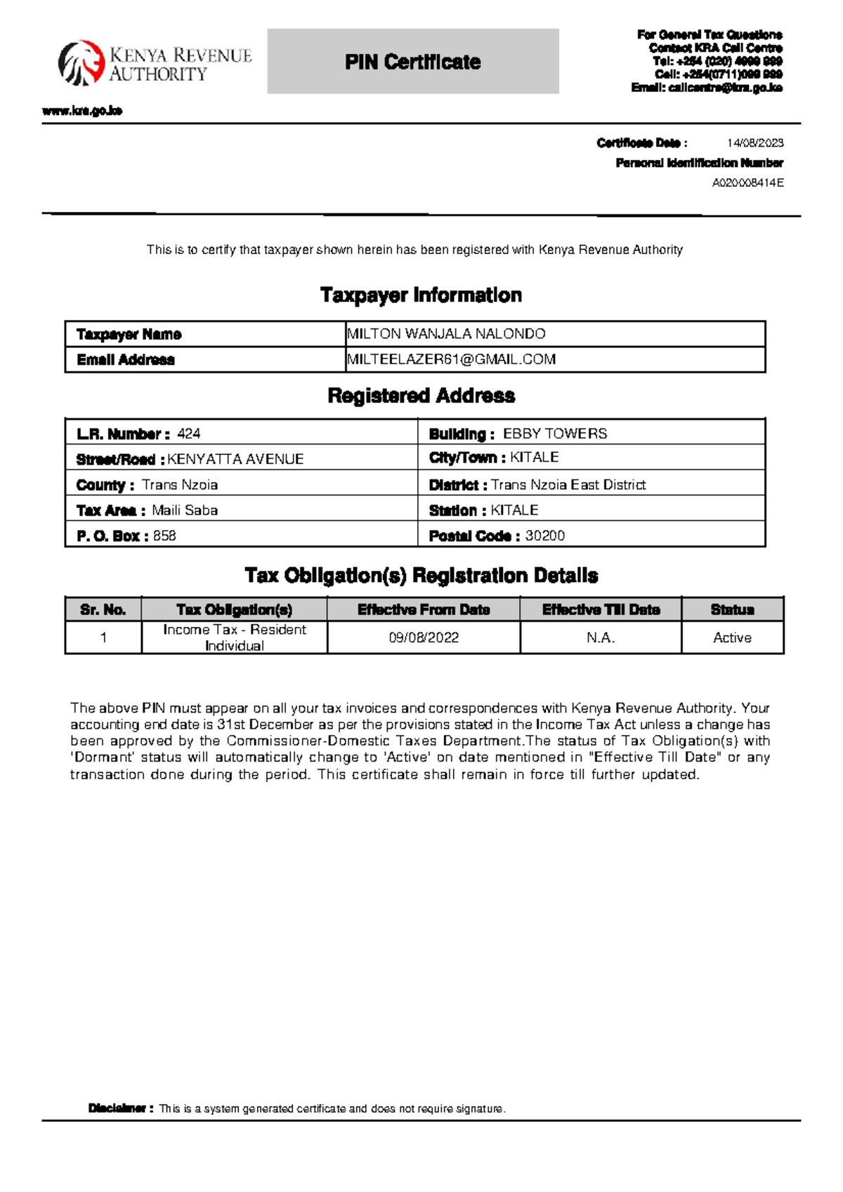 KRA Tax PIN Certificate - Milton Wanjala Nalondo - 2023 - Studocu