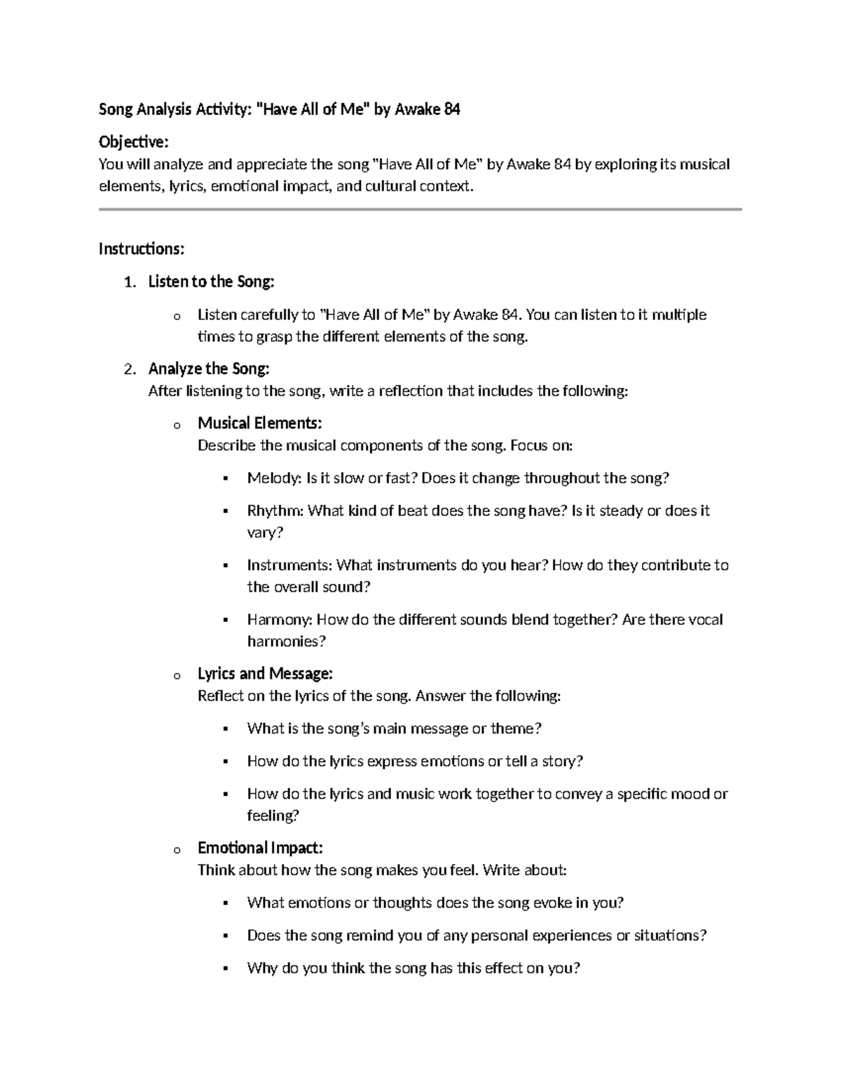 Midterm Activity 2: Detailed Analysis of "Have All of Me" by Awake 84 - Studocu