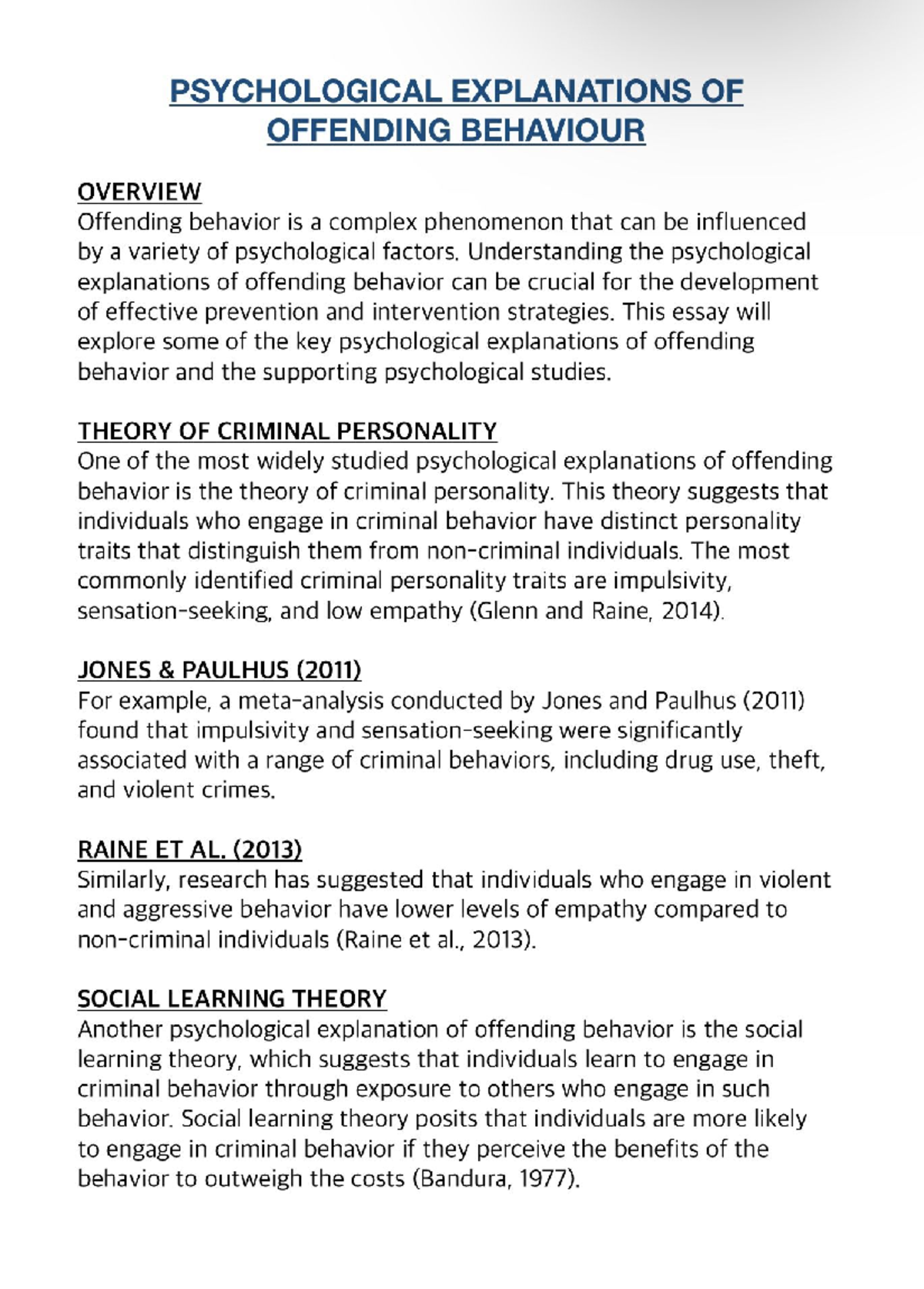 Notes: Psychological Explanations of Offending Behaviour - 8675 - Studocu