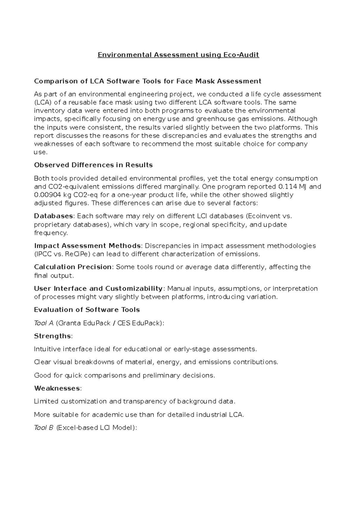 Environmental Assessment: LCA Software Comparison for Face Masks - Studocu