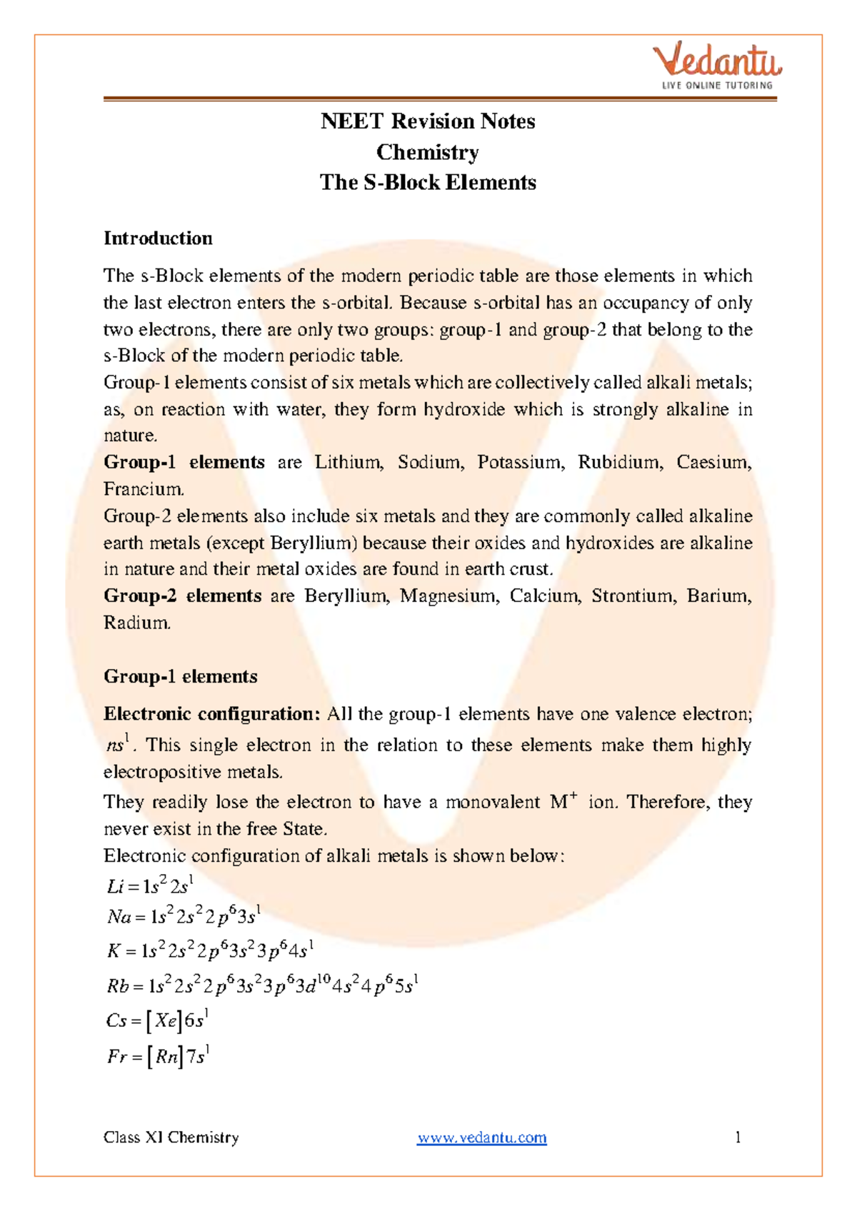Neet s block elements revision notes - NEET Revision Notes Chemistry ...