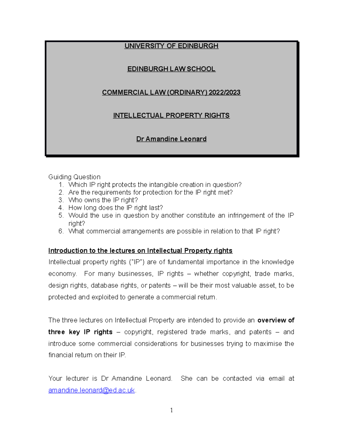 Commercial Law (Ordinary) 2022: IPR Lecture Notes Overview - Studocu