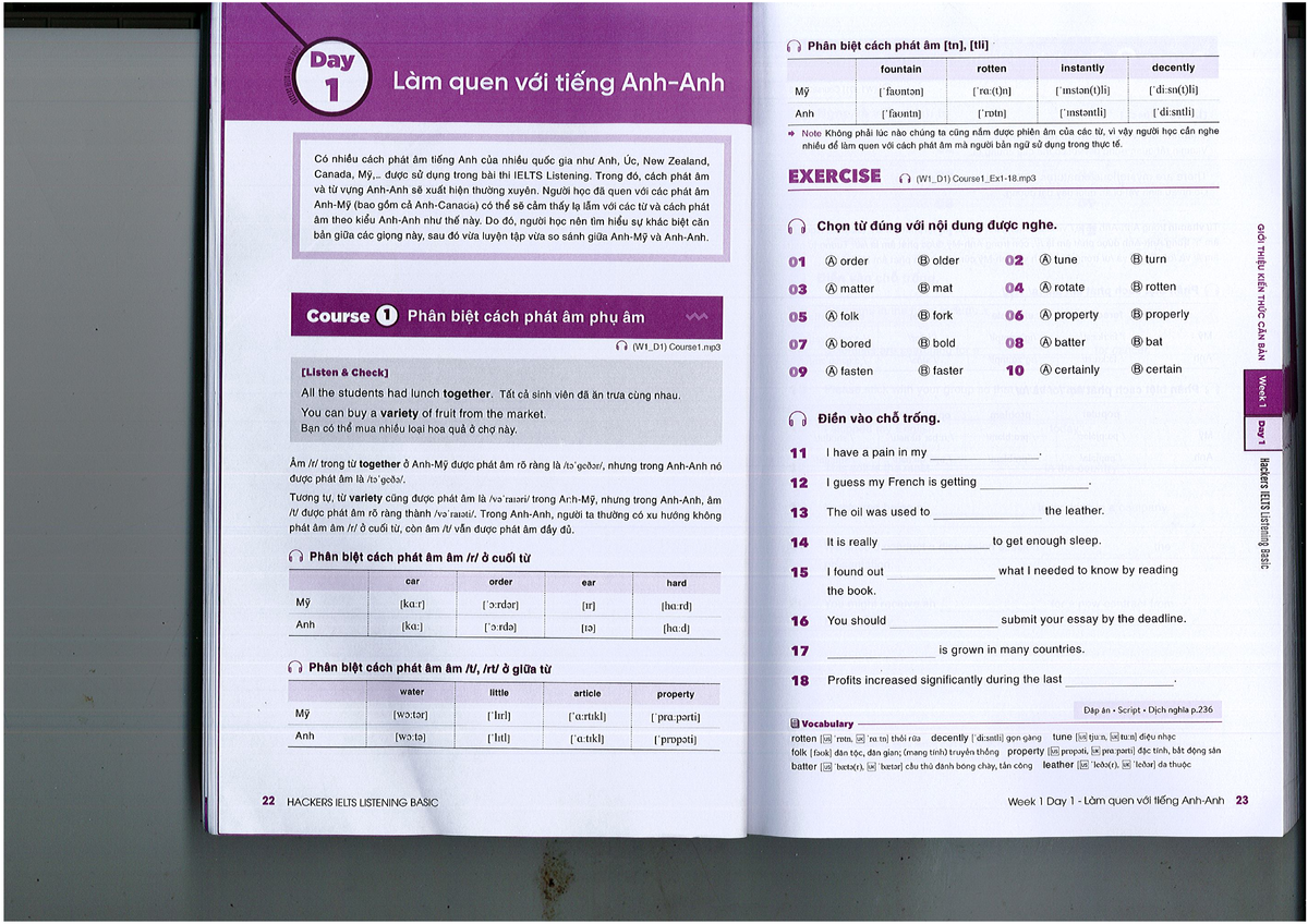 HACKERS IELTS LISTENING BASIC: Phân Biệt Cách Phát Âm - Week 1, Days 1 & 2 - Studocu