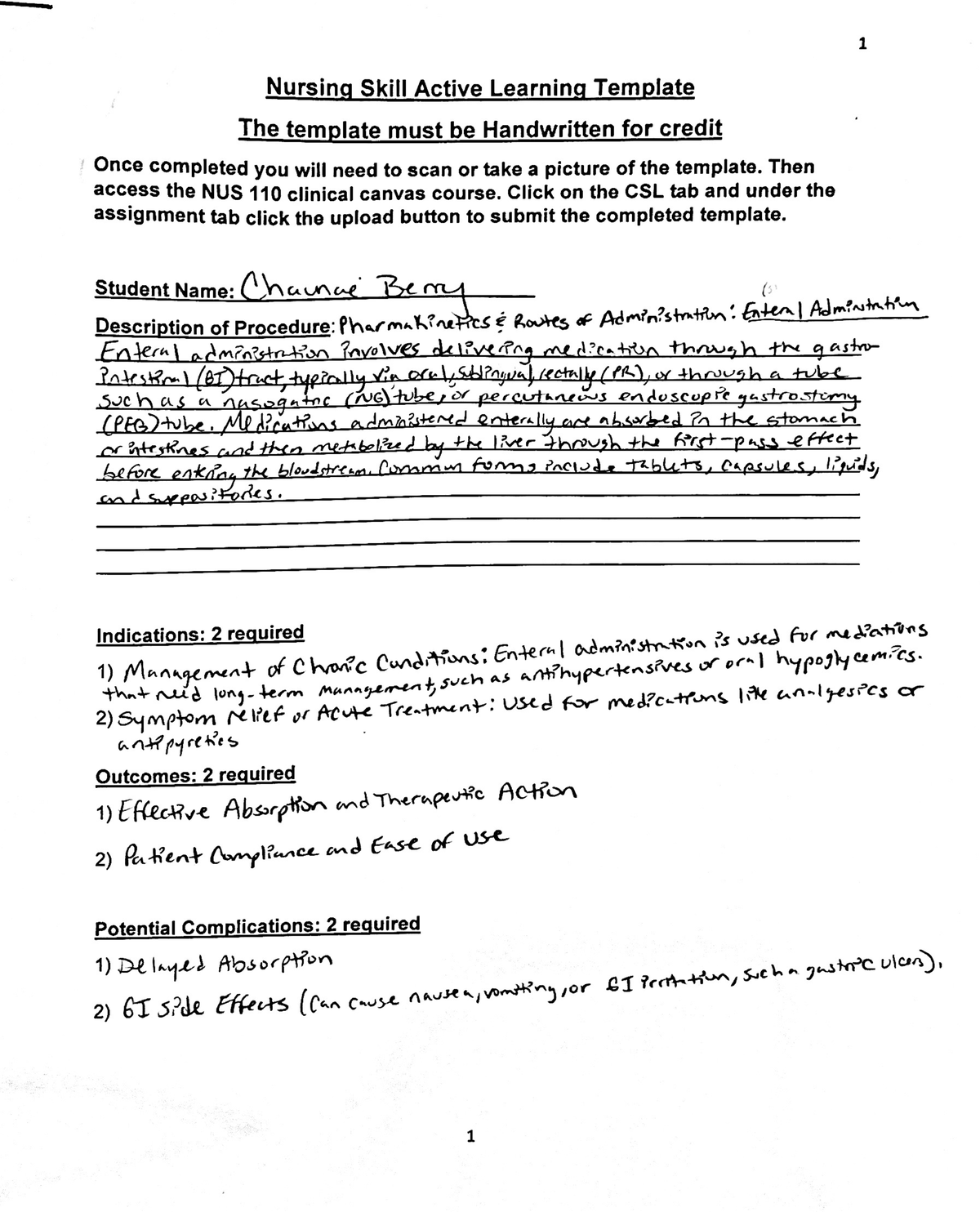 NUS 110 Enteral Administration Nursing Skill Active Learning Template ...