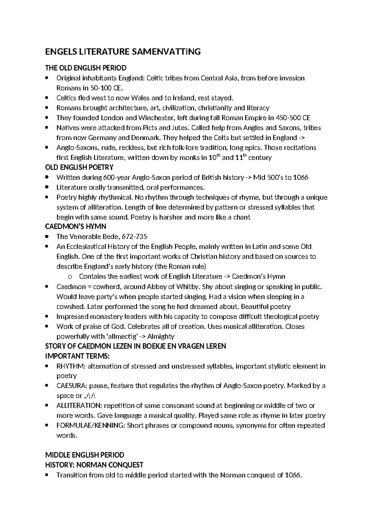 Engels Literature Samenvatting: Old and Middle English Periods ...