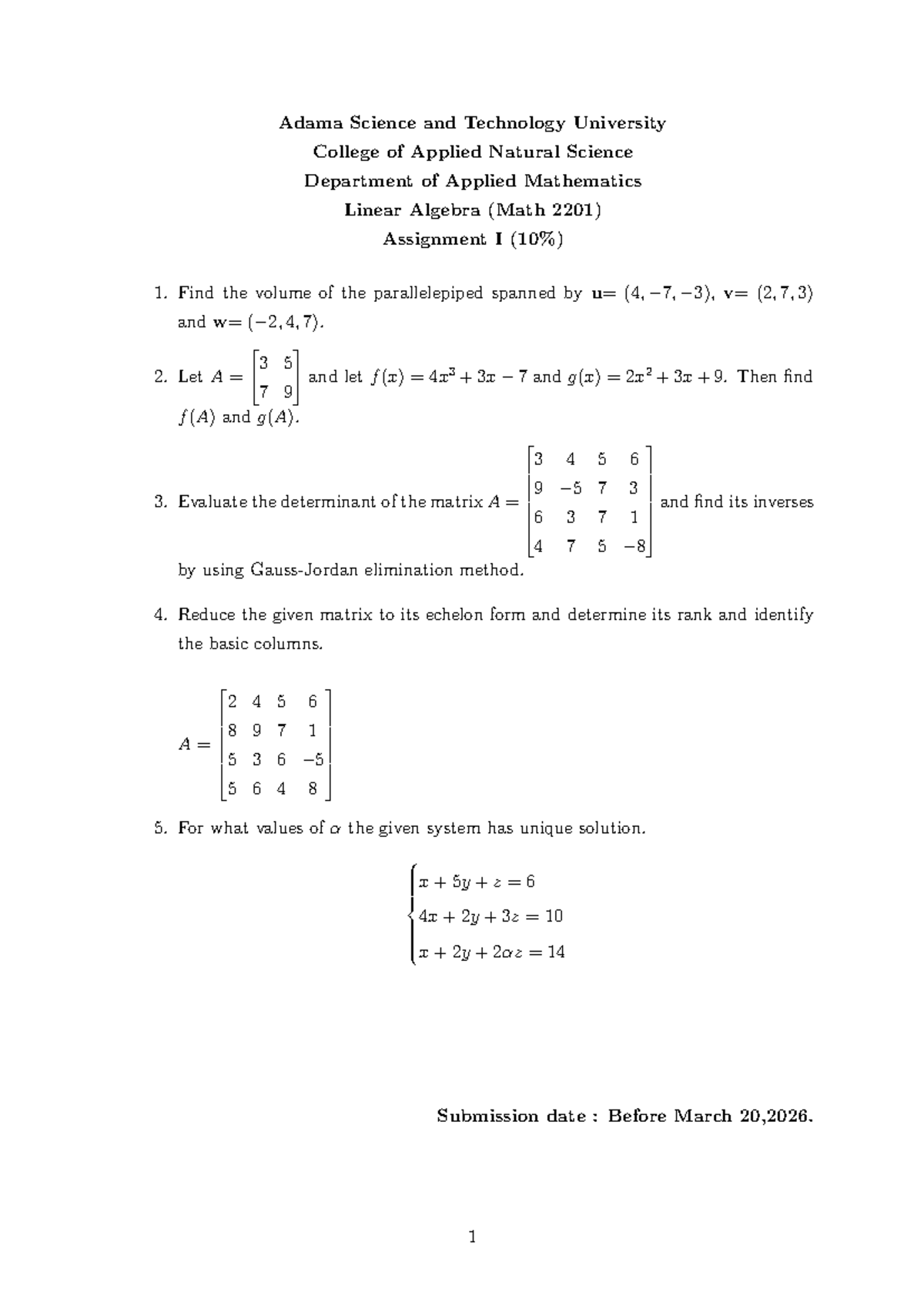 Math 2201: Linear Algebra Assignment I - Helpful Guide - Studocu
