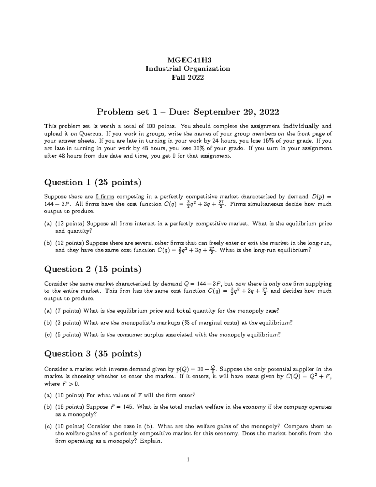 PS 1 F22 - homework1 - MGEC41H Industrial Organization Fall 2022 ...