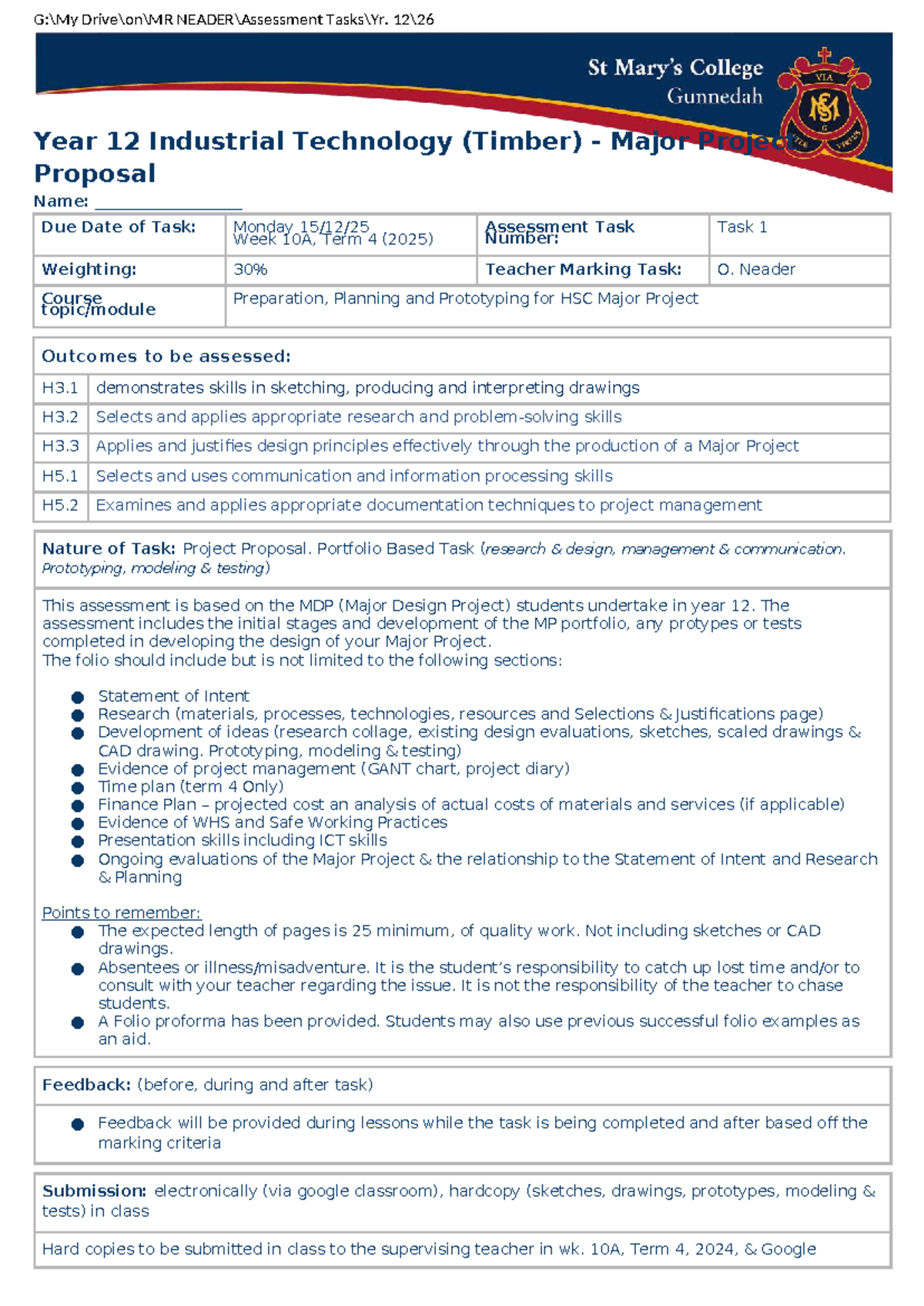 Year 12 Industrial Technology (Timber) Major Project Proposal - Task 1 ...