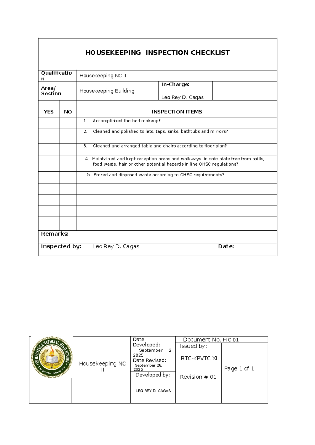 Housekeeping NC II: Inspection Checklist for Quality Standards - Studocu