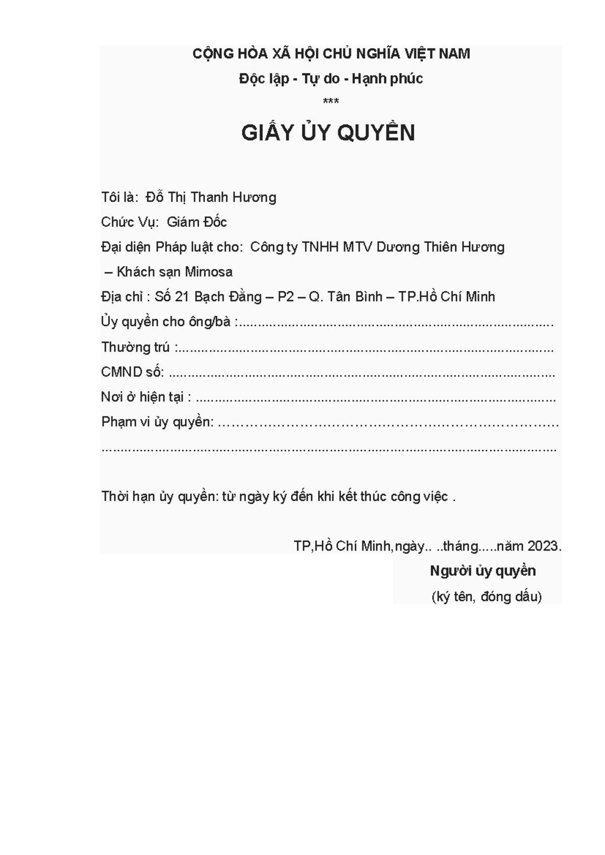 GIẤY ỦY QUYỀN - Đỗ Thị Thanh Hương, Giám Đốc Công ty TNHH Dương Thiên ...