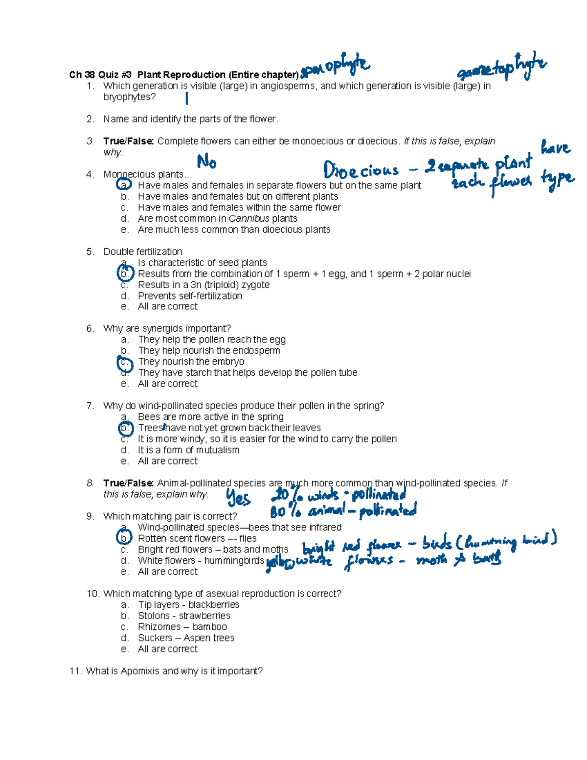 Ch 38 Quiz Plant Reproduction: Key Questions & Concepts - Studocu