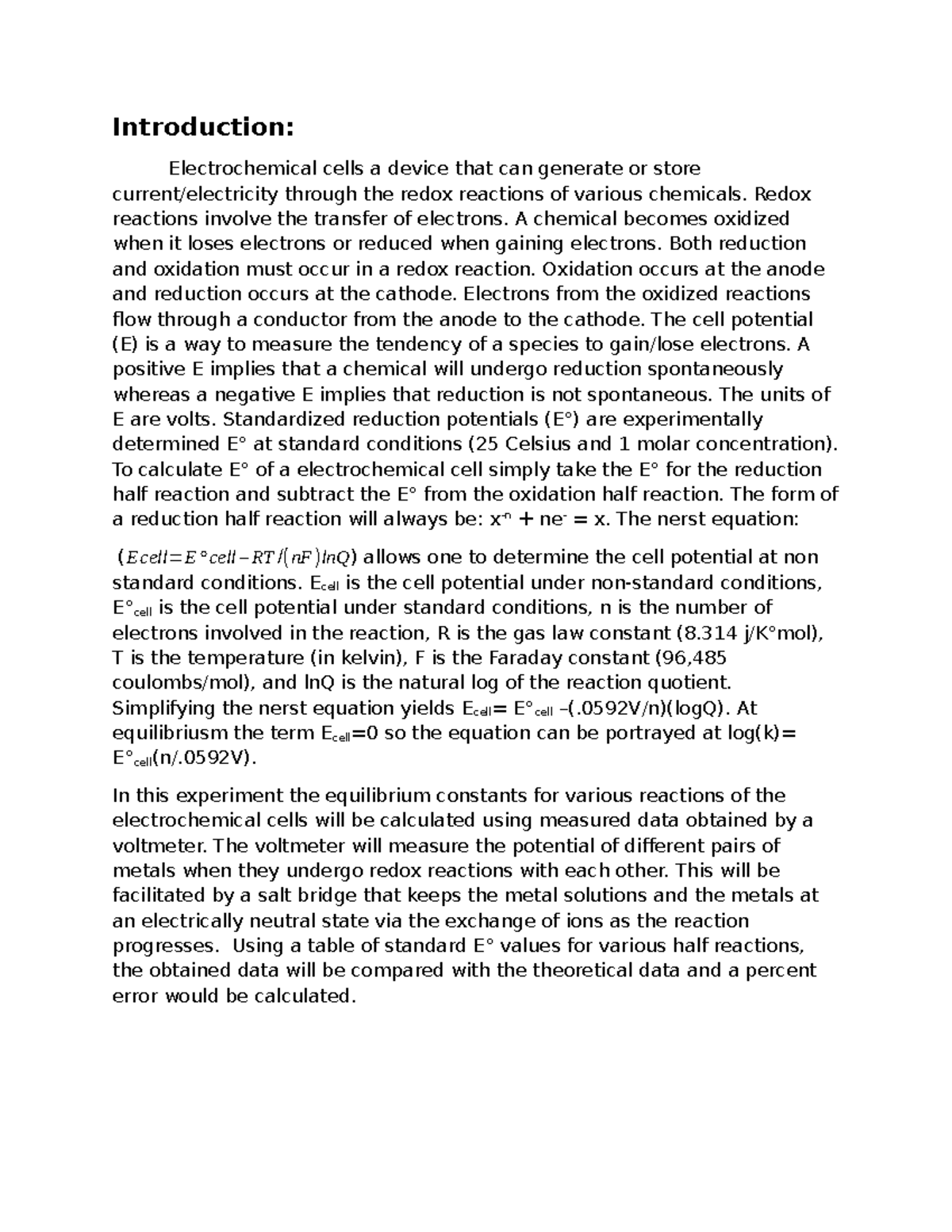 Lab Report: Electrochemical Cells (CHEM 101) - Redox Reactions and ...