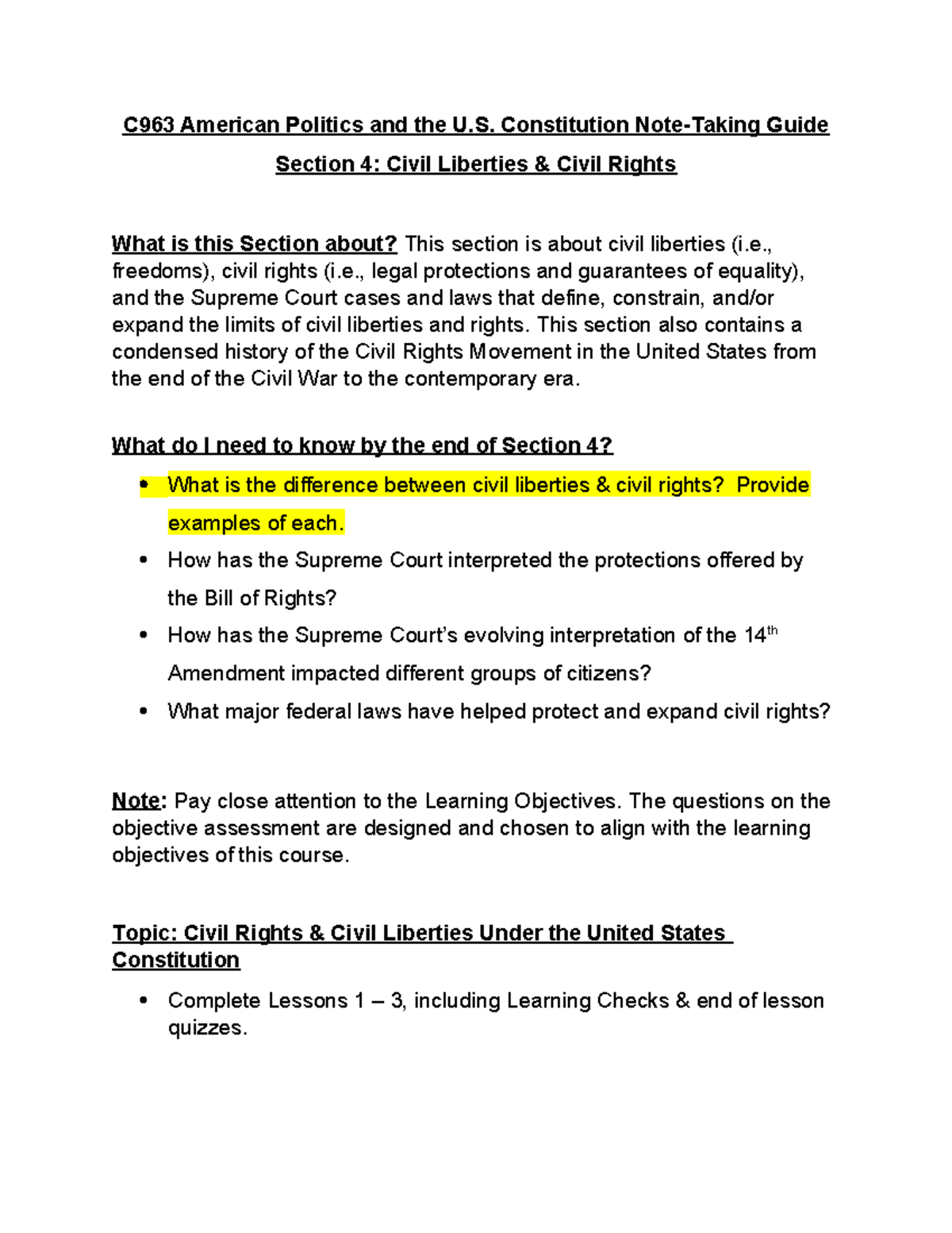 C963 Civil Liberties & Civil Rights Note-Taking Guide Section 4 - Studocu