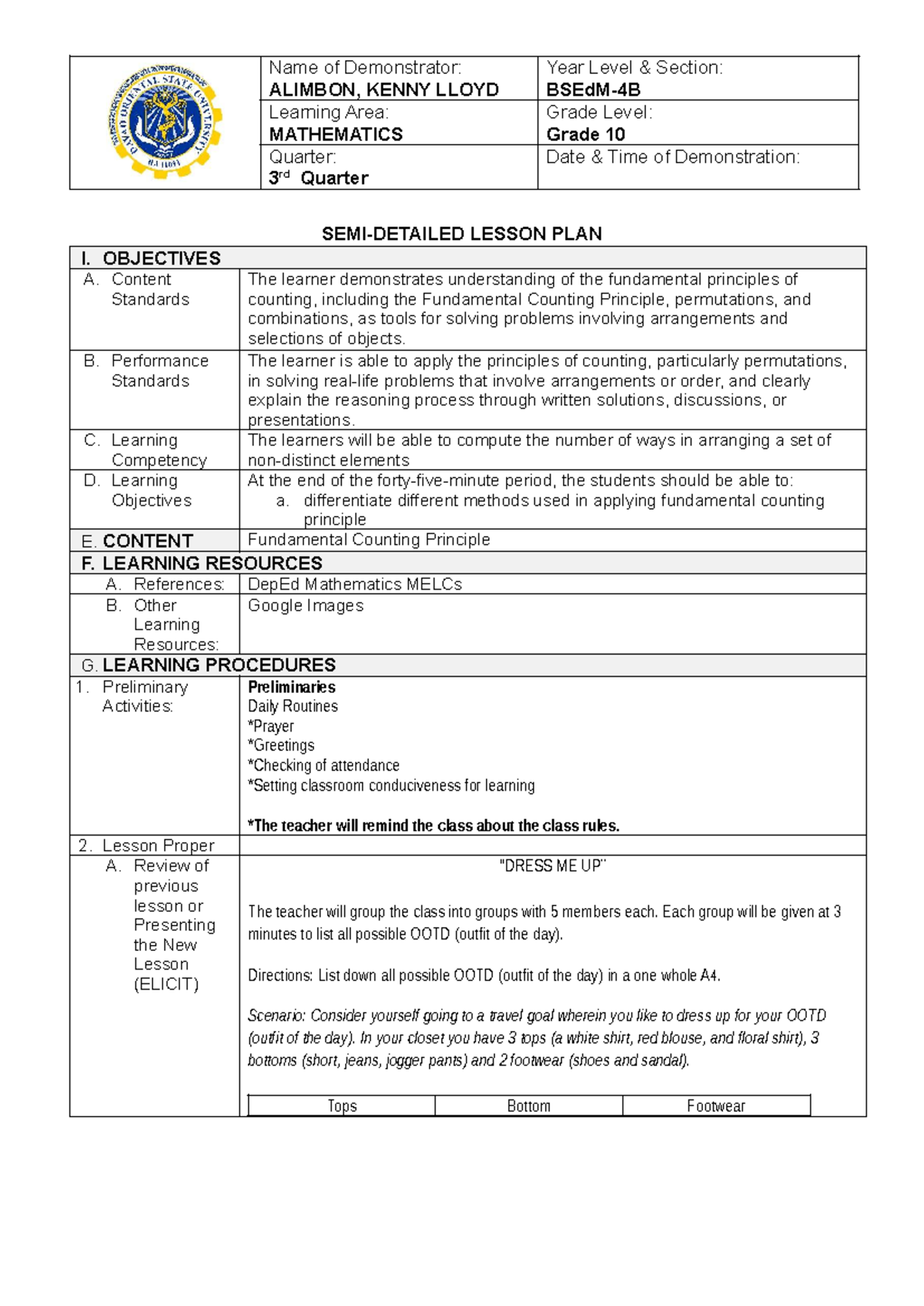 Lesson Plan on Fundamental Counting Principles for Math 10 - Studocu