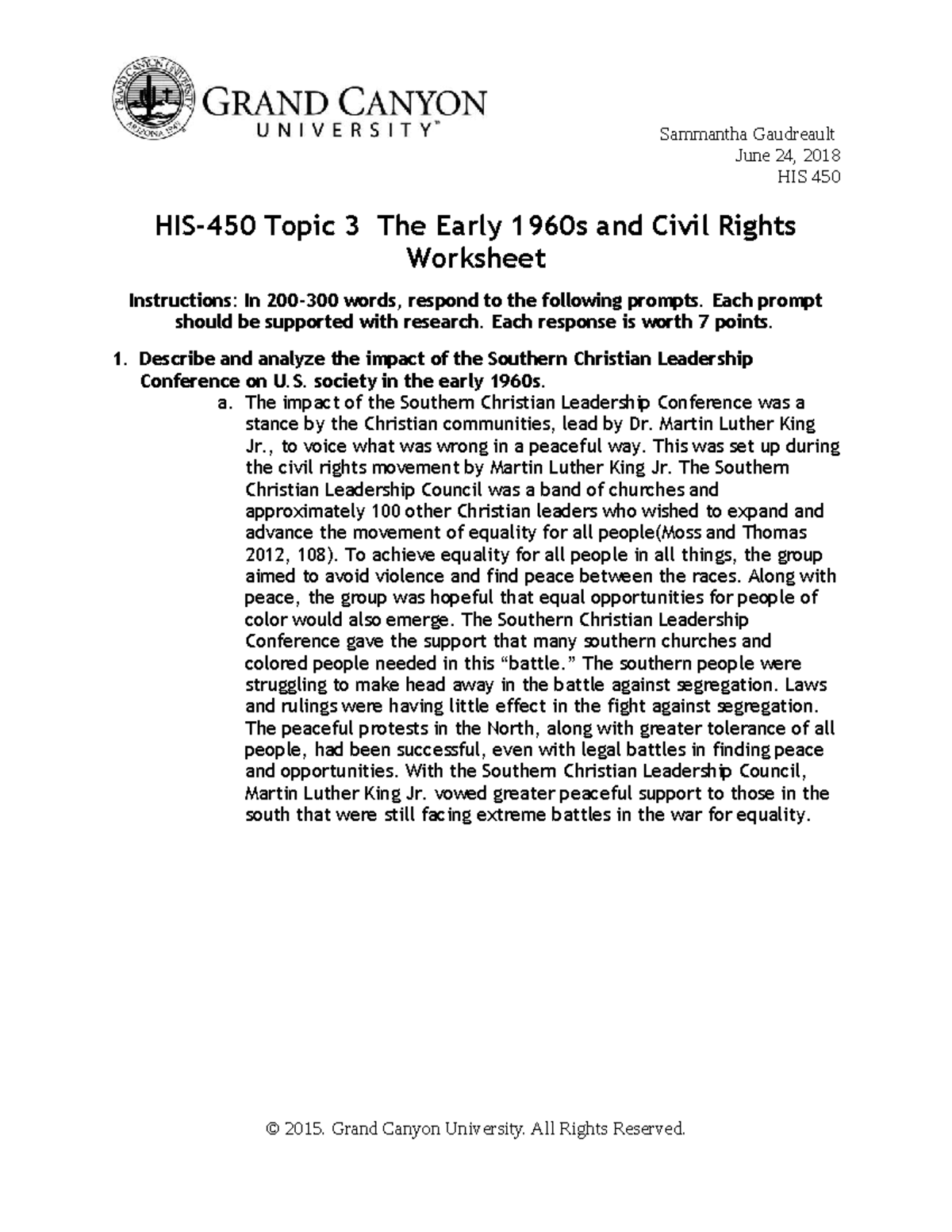 HIS-450 Topic 3 The Early 1960s and Civil Rights Worksheet - Sammantha ...