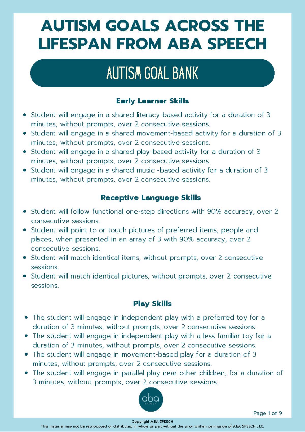 Speech Therapy Autism Goal Bank